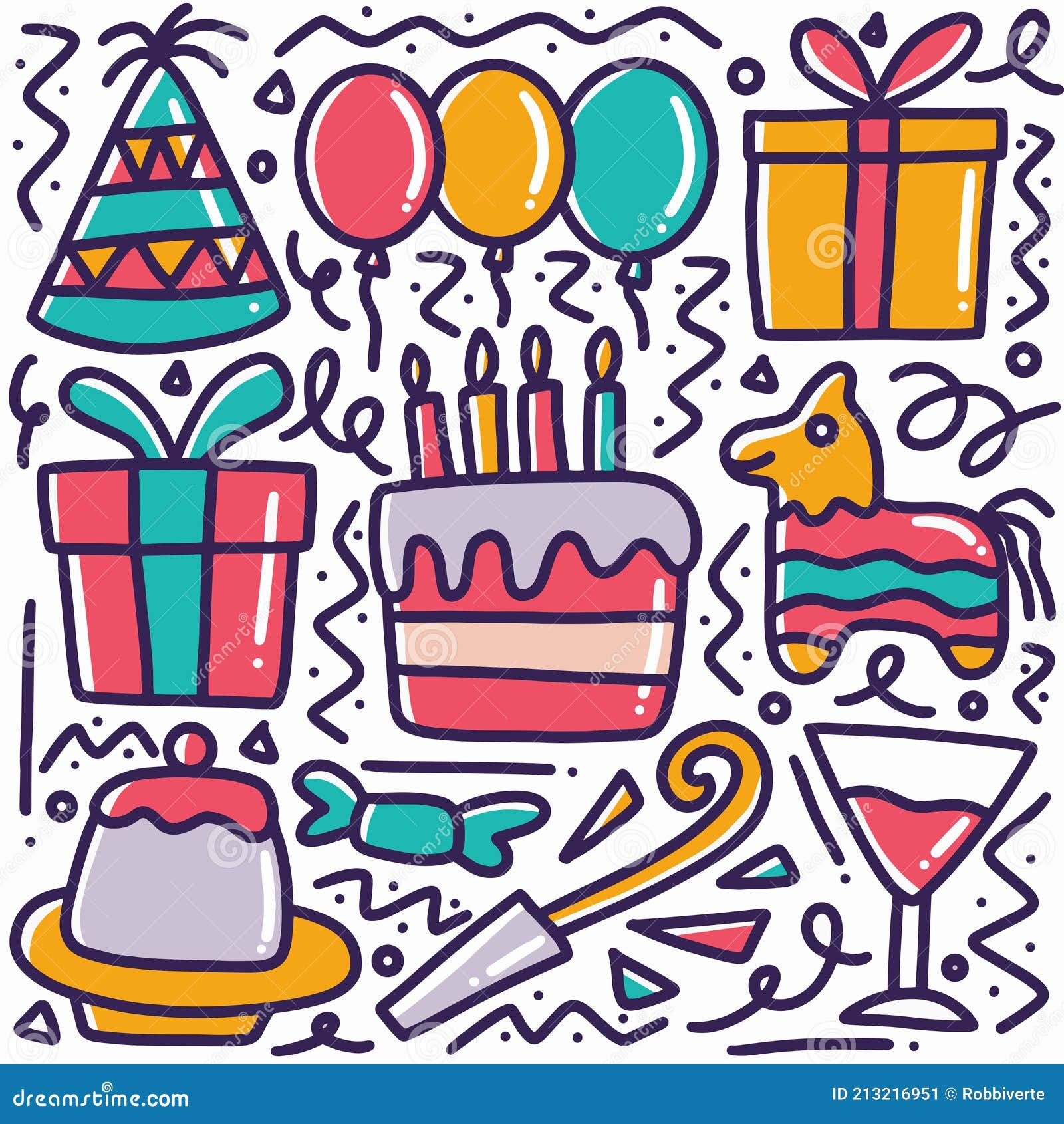 Hand Drawn Birthday Party Doodle Set Stock Vector - Illustration of ...