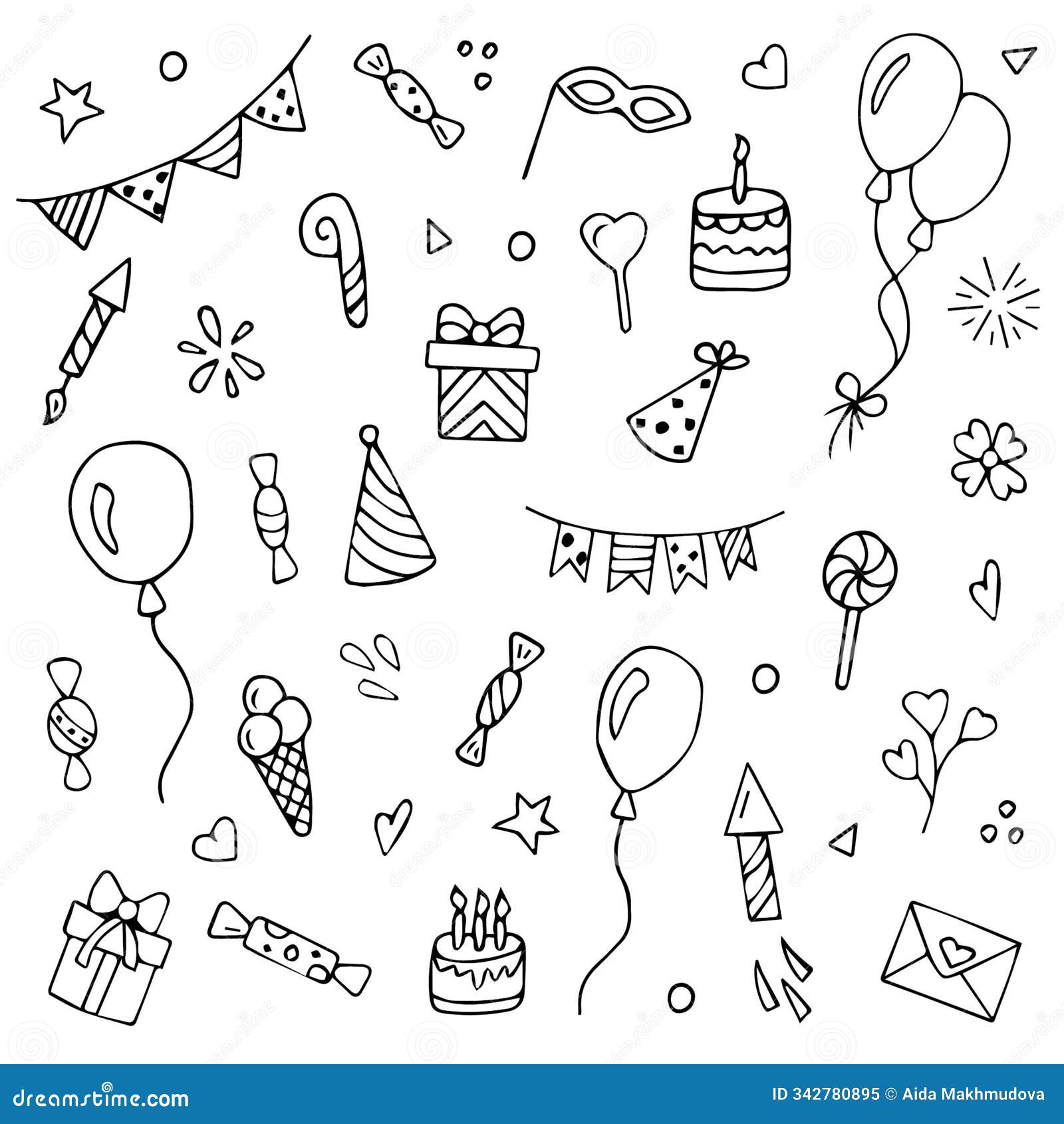 Hand Drawn Birthday Party Set Stock Illustration - Illustration of ...