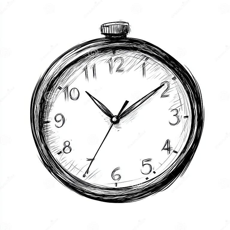 Hand-drawn Black and White Analog Clock with Numbers and Hands Stock ...