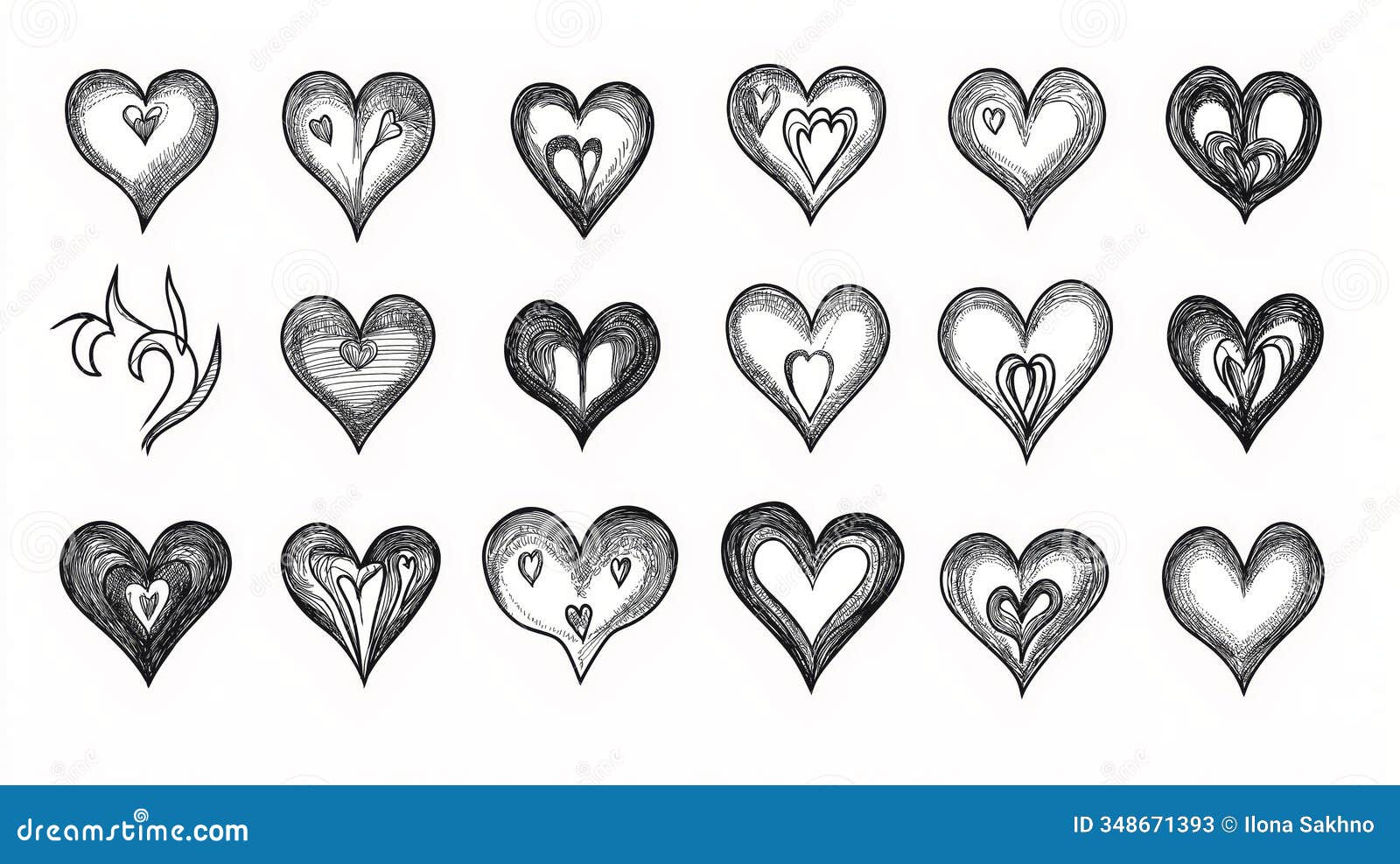 Hand-drawn Black and White Hearts with Decorative Designs and Patterns ...