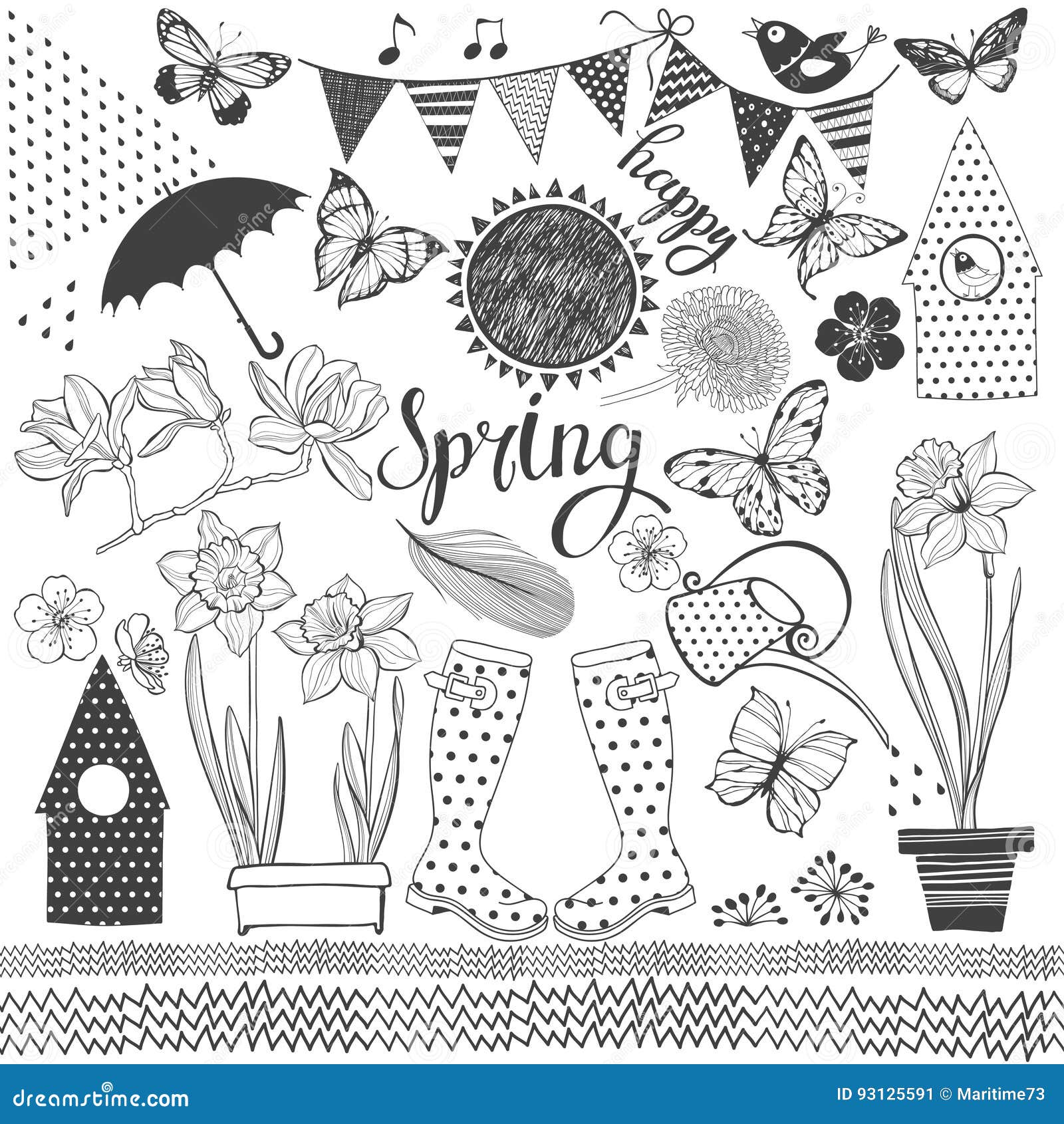 Spring. Vector Collection of Isolated Elements for Design. Hand-drawn ...