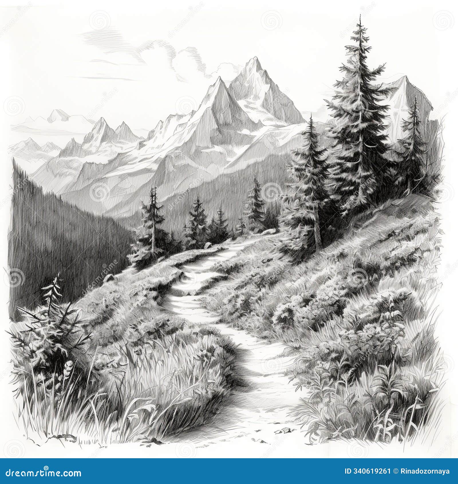 Hand-drawn Black and White Sketch of a Hiking Trail in the Alps. Stock ...