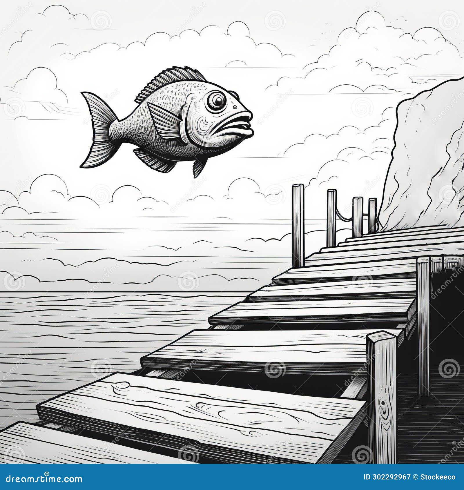 Hand-drawn Blackline Vector Illustration of a Jumping Fish from the ...