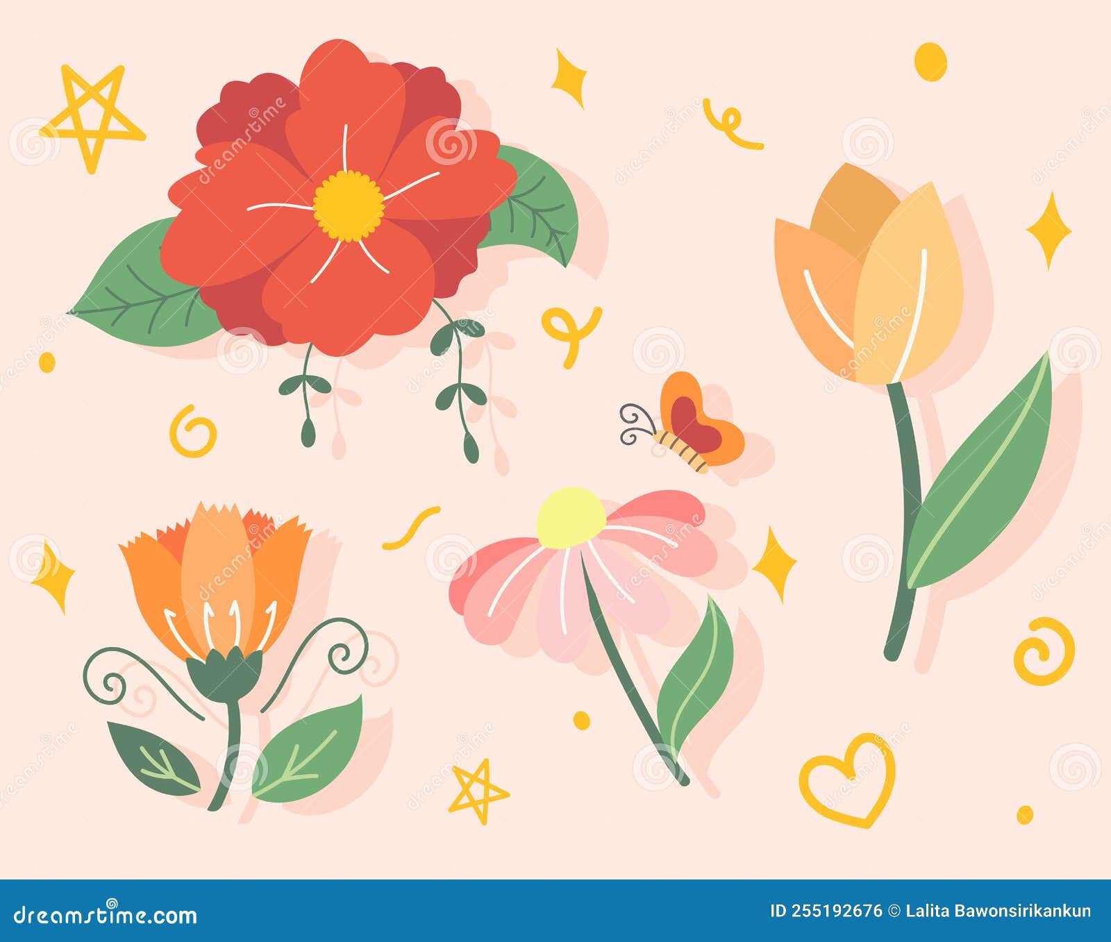 Set of Colorful Blooming Flowers. Clusters and Leaves Stock Vector ...