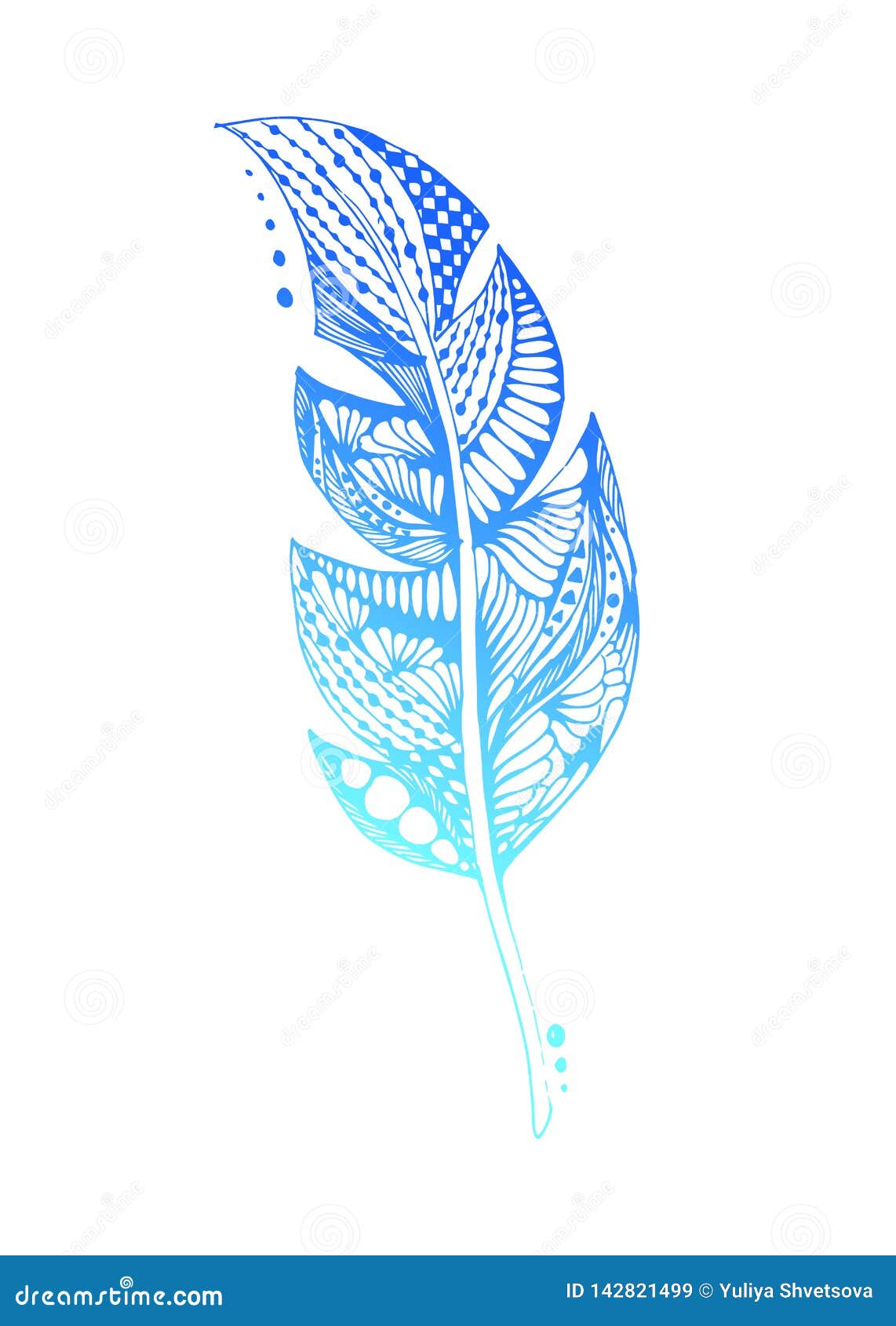 Hand-drawn Blue Gradient Feather with Doodle Patterns on Isolated ...