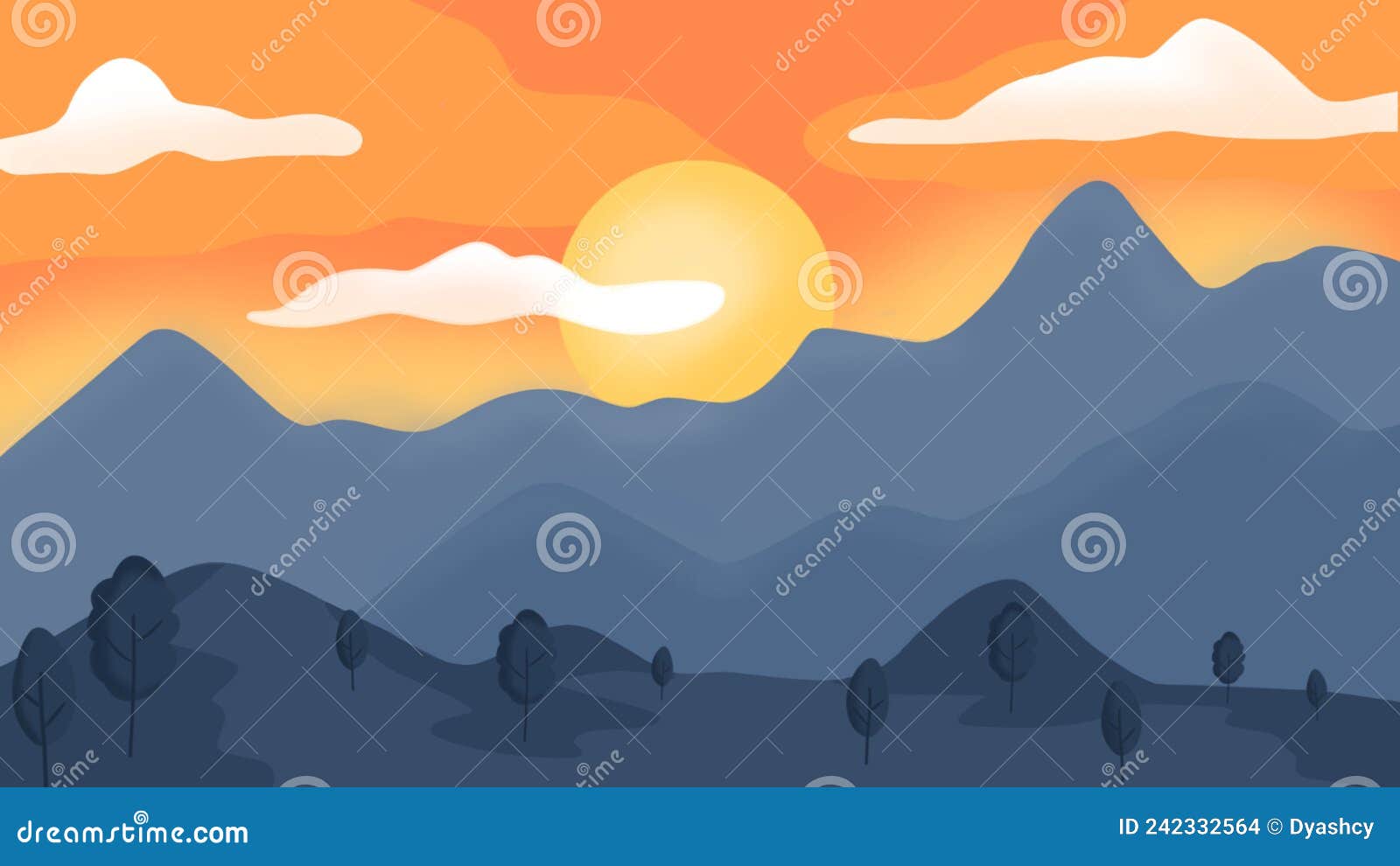 Hand Drawn Blue Mountains and Sunset Landscape Illustration Background ...