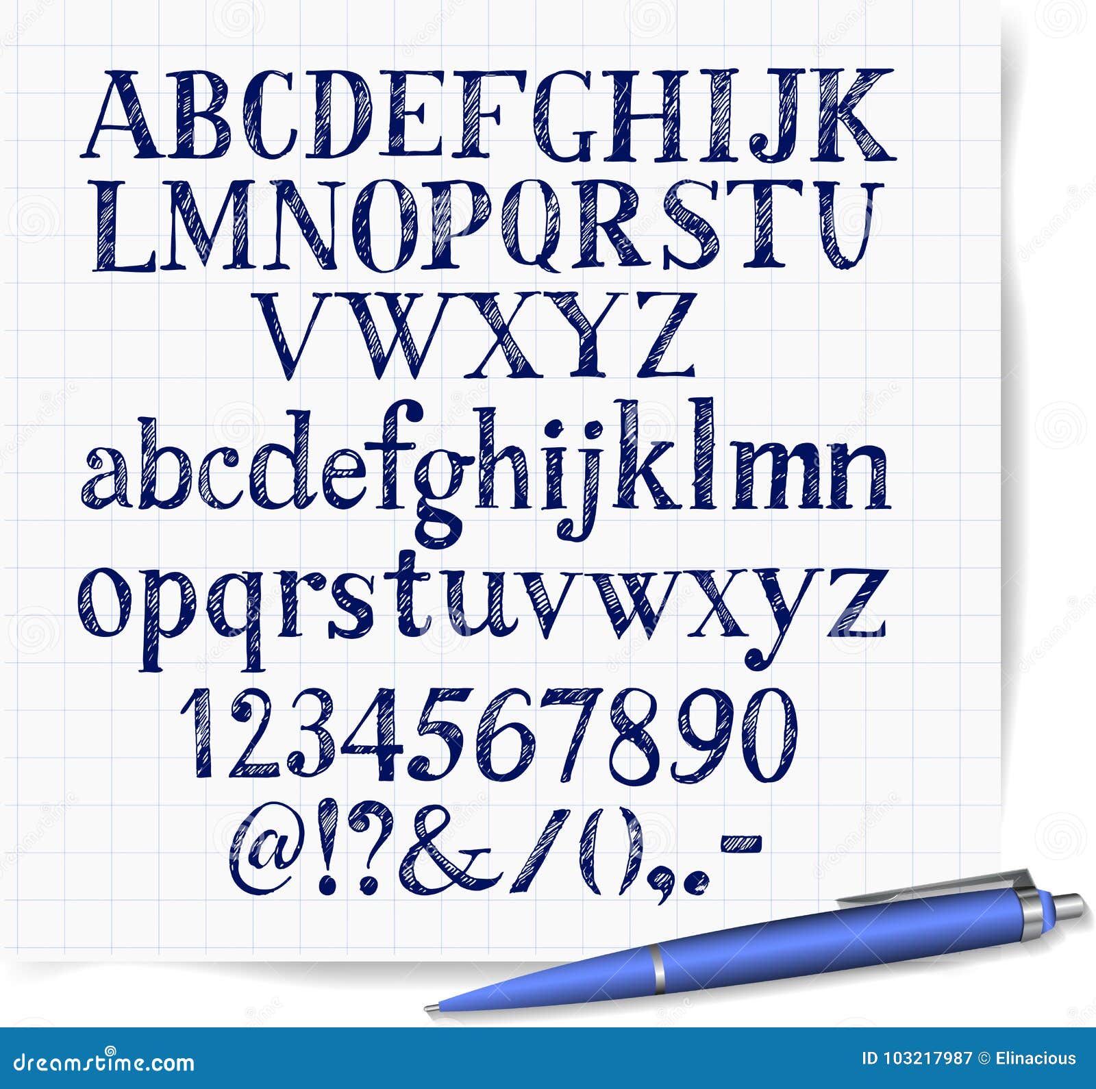 Hand Drawn Blue Pen Sketch Font On Lined Paper Background Cartoon ...