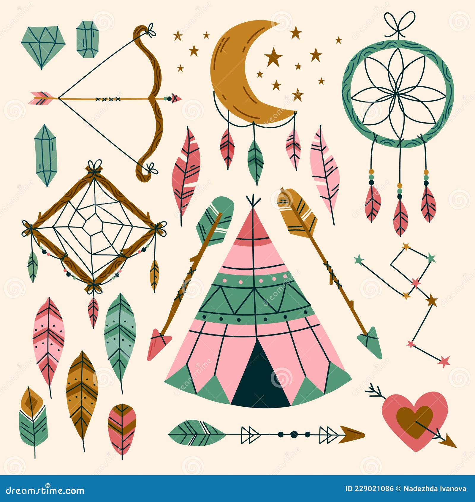 Hand Drawn Boho Elements Set Vector Illustration. Stock Vector ...
