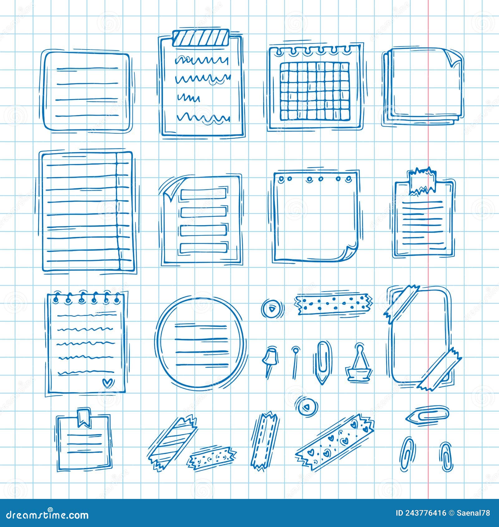 Hand Drawn Books, Notebook, Documents and Sheets of Paper. Blue Ink ...