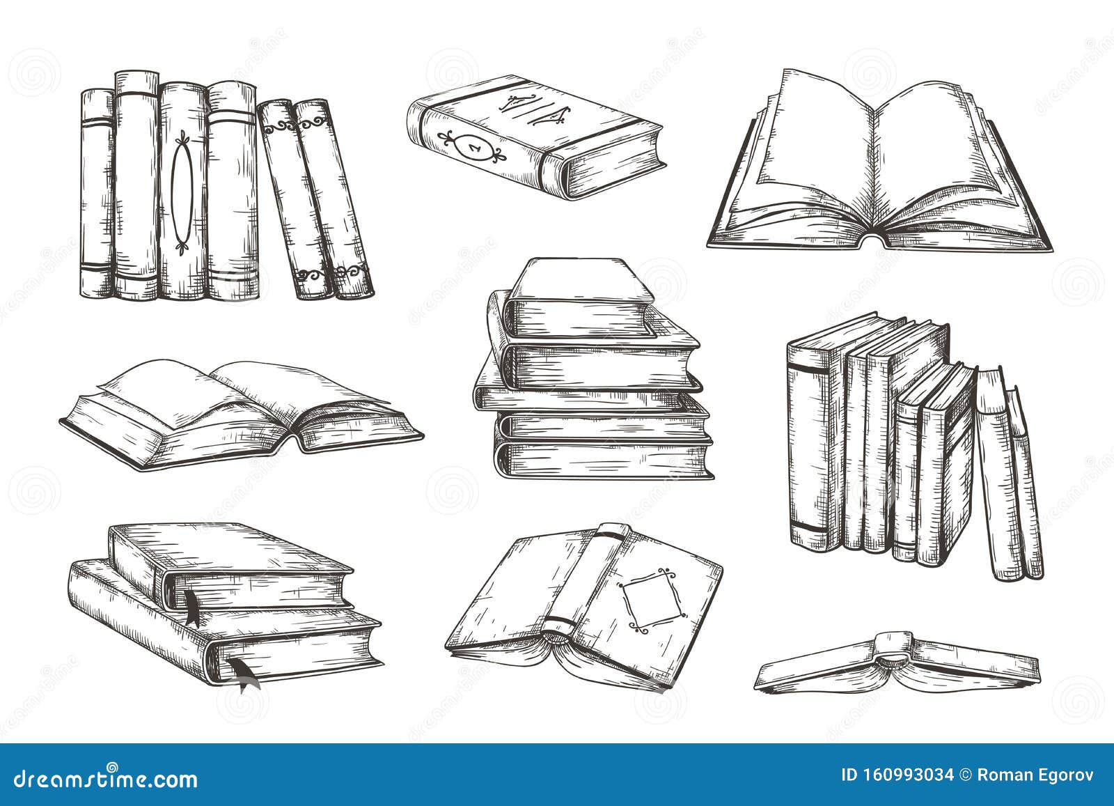 Hand Drawn Books Retro Engraved Pile And Stack Of Different Books