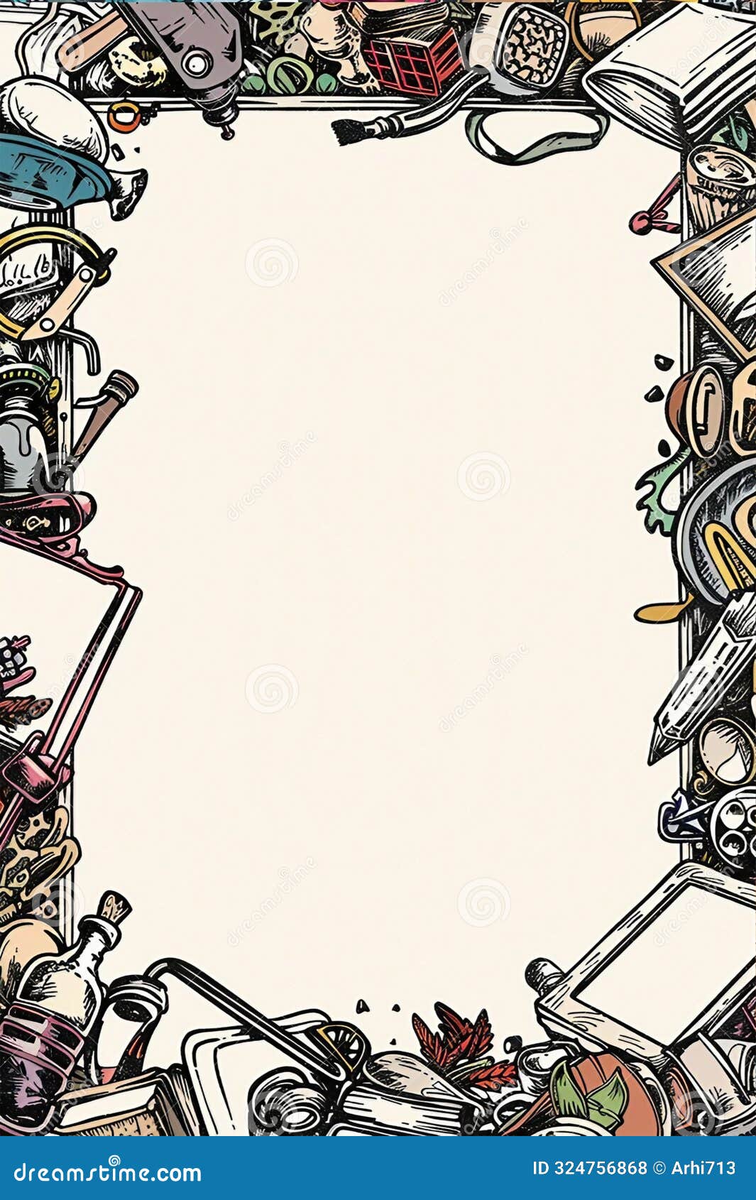 Hand-drawn Border Frame with Various Kitchen and Household Items ...