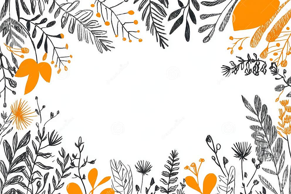 Hand-Drawn Botanical Frame with Orange and Black Floral Elements Stock ...