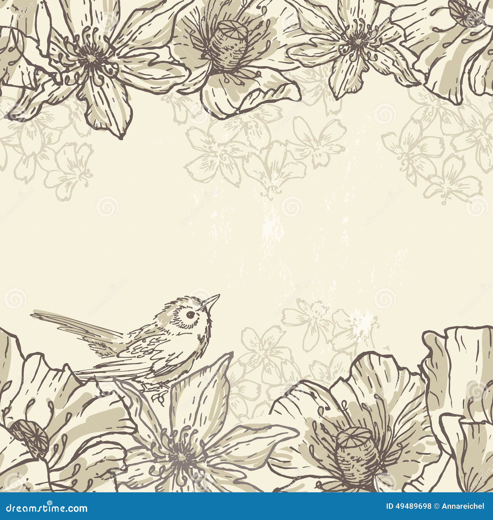 Hand Drawn Botanical Theme Horizontal Seamless Border with Bird Stock ...