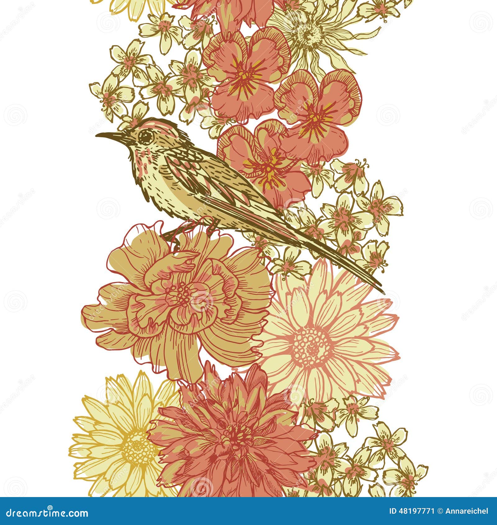 Hand Drawn Botanical Theme Vertical Seamless Border with Bird Stock ...