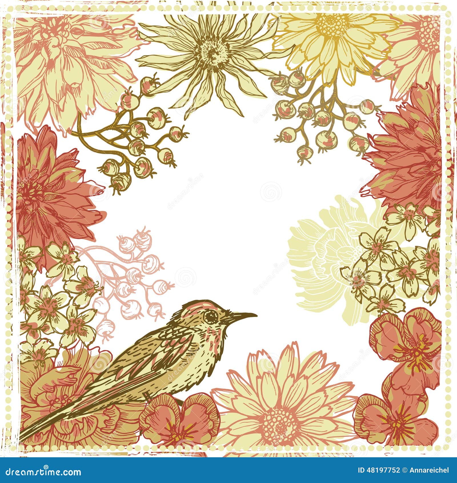 Hand Drawn Botanical Theme Vignette with Bird Stock Illustration ...