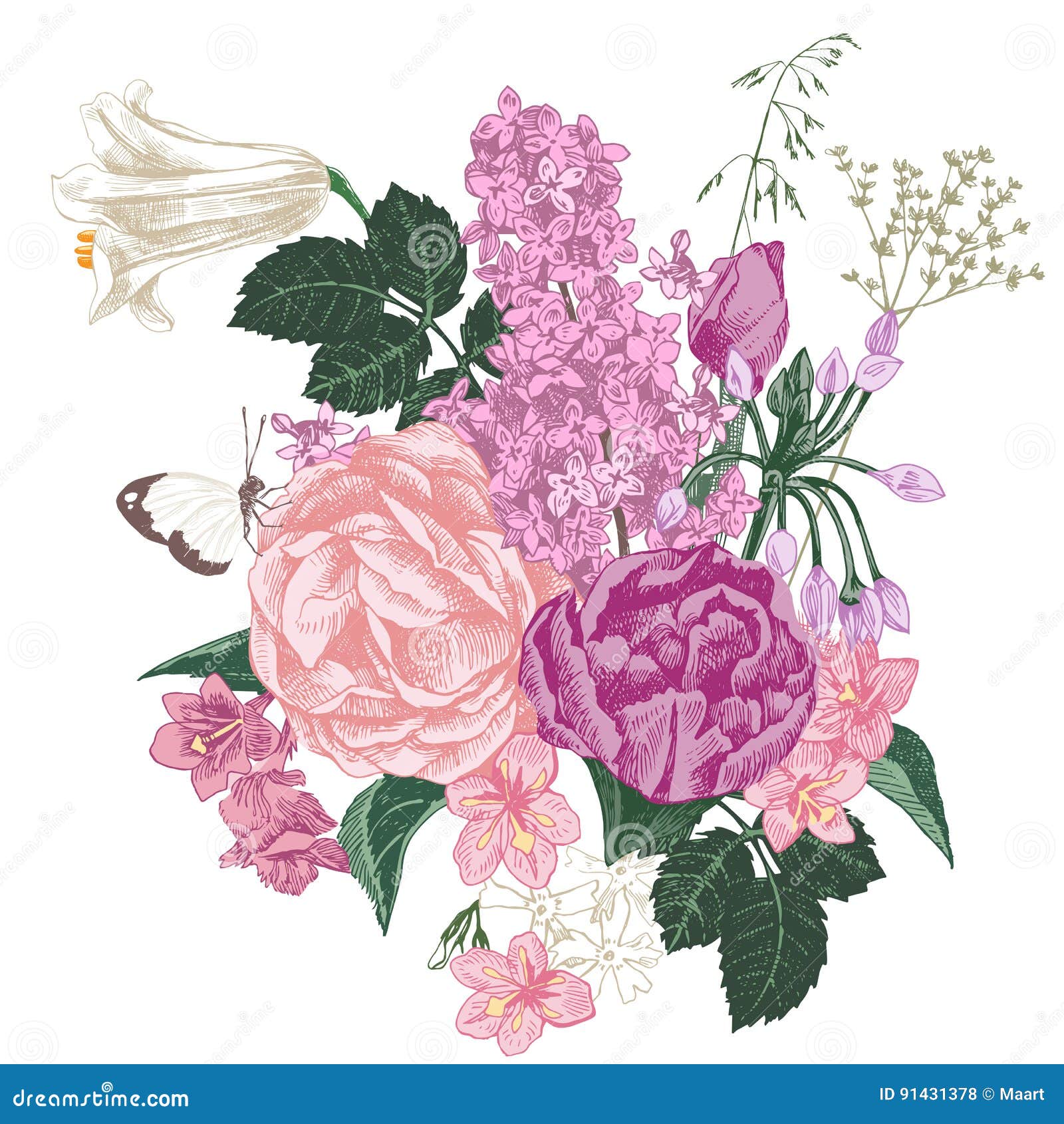 Hand Drawn Bouquet of Spring Flowers Stock Vector - Illustration of ...
