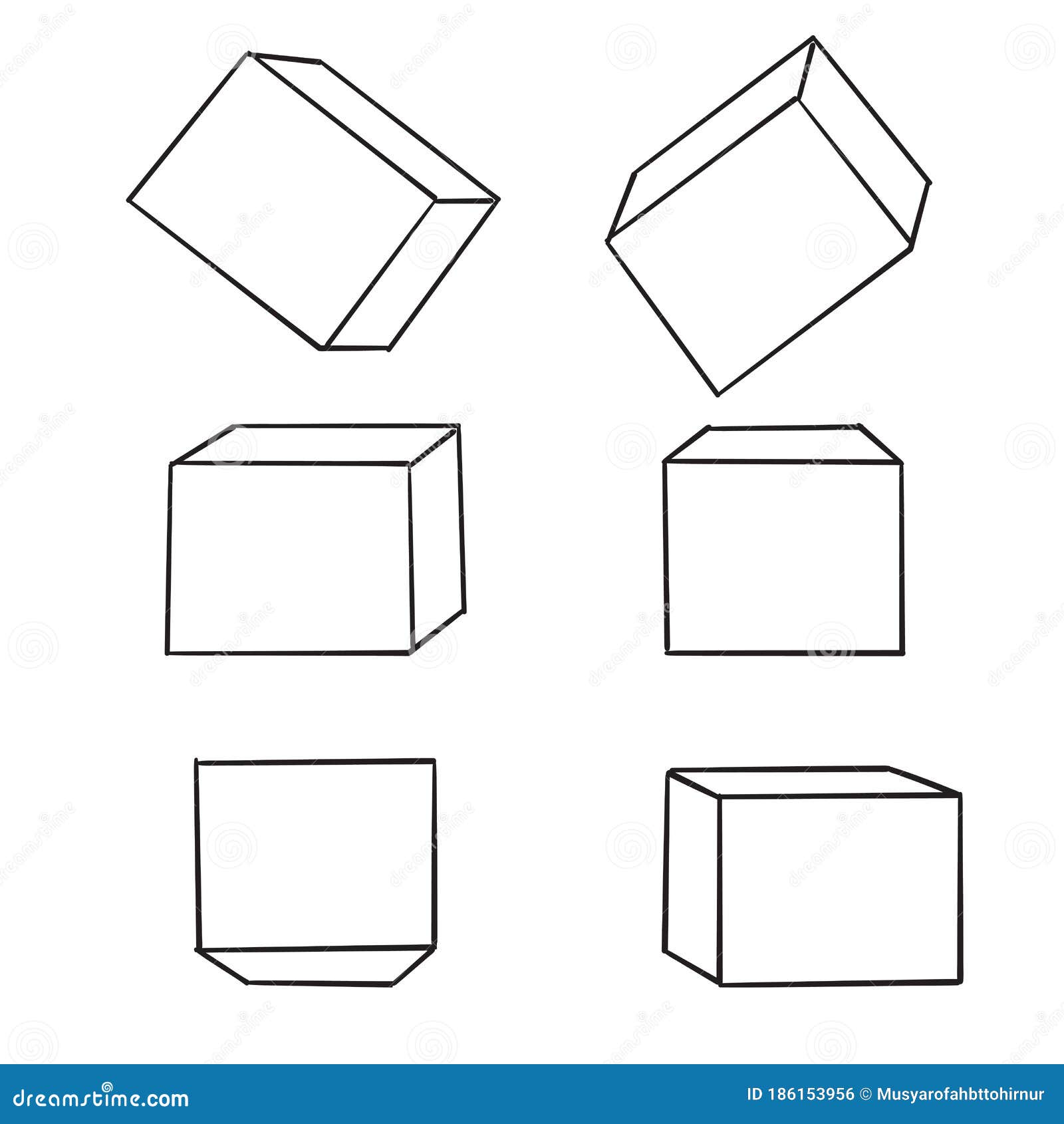 Hand Drawn Box Mockup. Blank Packaging Boxes, Cube Perspective View and ...