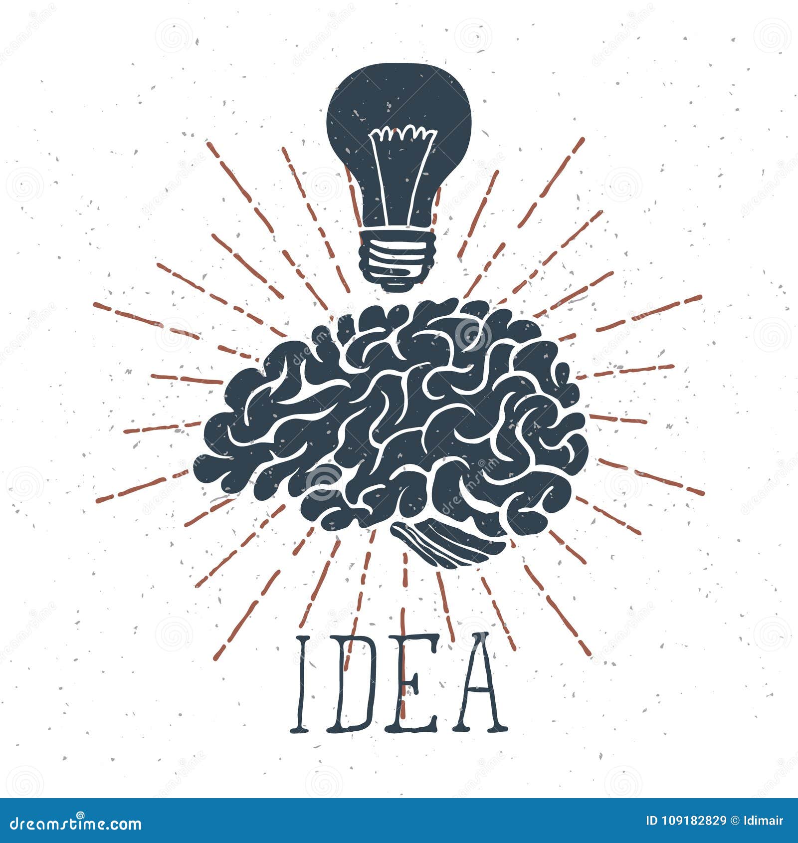 Hand Drawn Brain with Idea Lettering and Light Bulb. Vector Stock ...