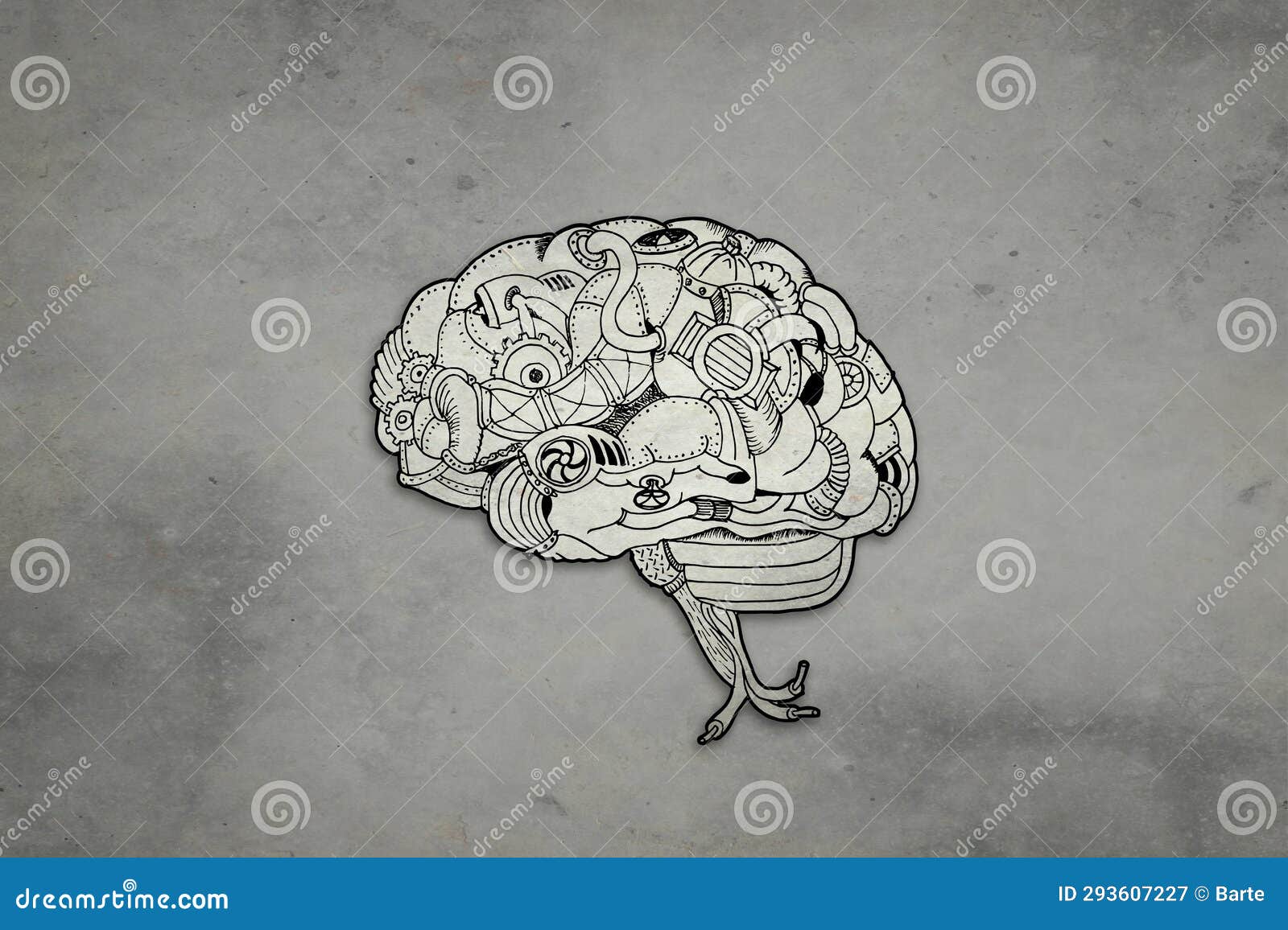 Hand Drawn Brain with Metal Sheets and Technical Details Stock ...