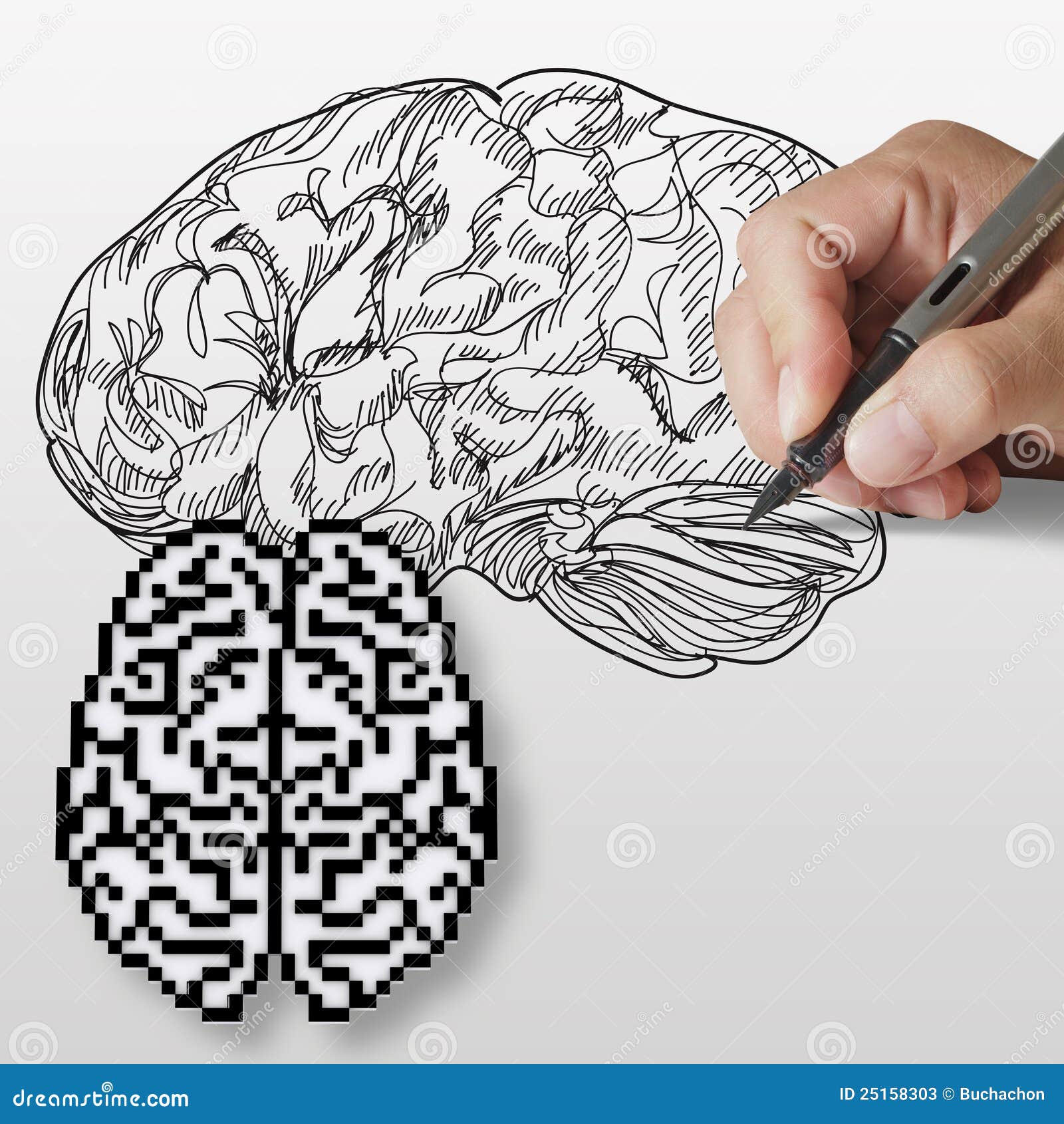 Hand Drawn Brain and Pixel Brain Icon Stock Image - Image of confident ...