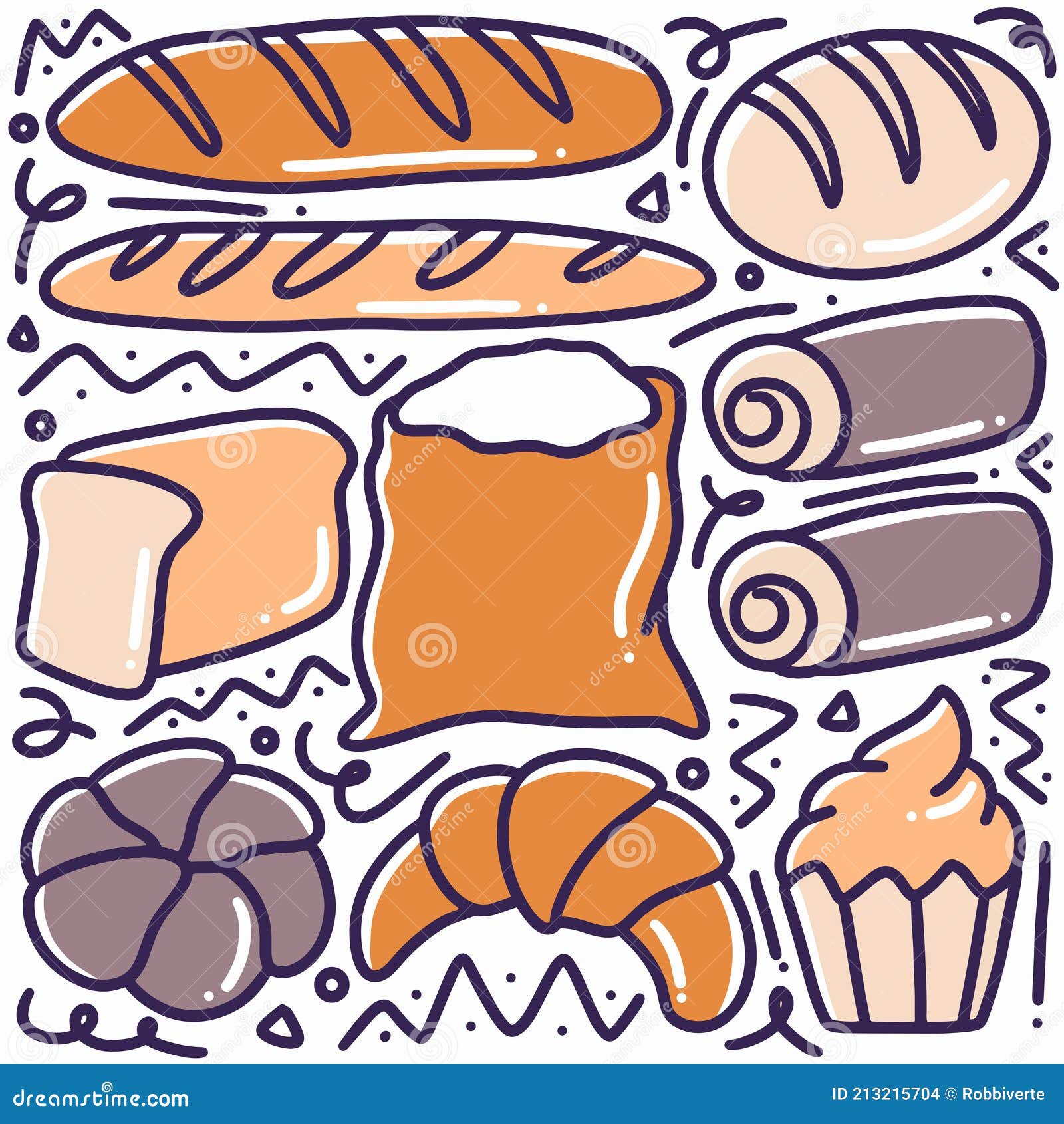 Hand Drawn Bread Doodle Set Stock Vector - Illustration of croissants ...