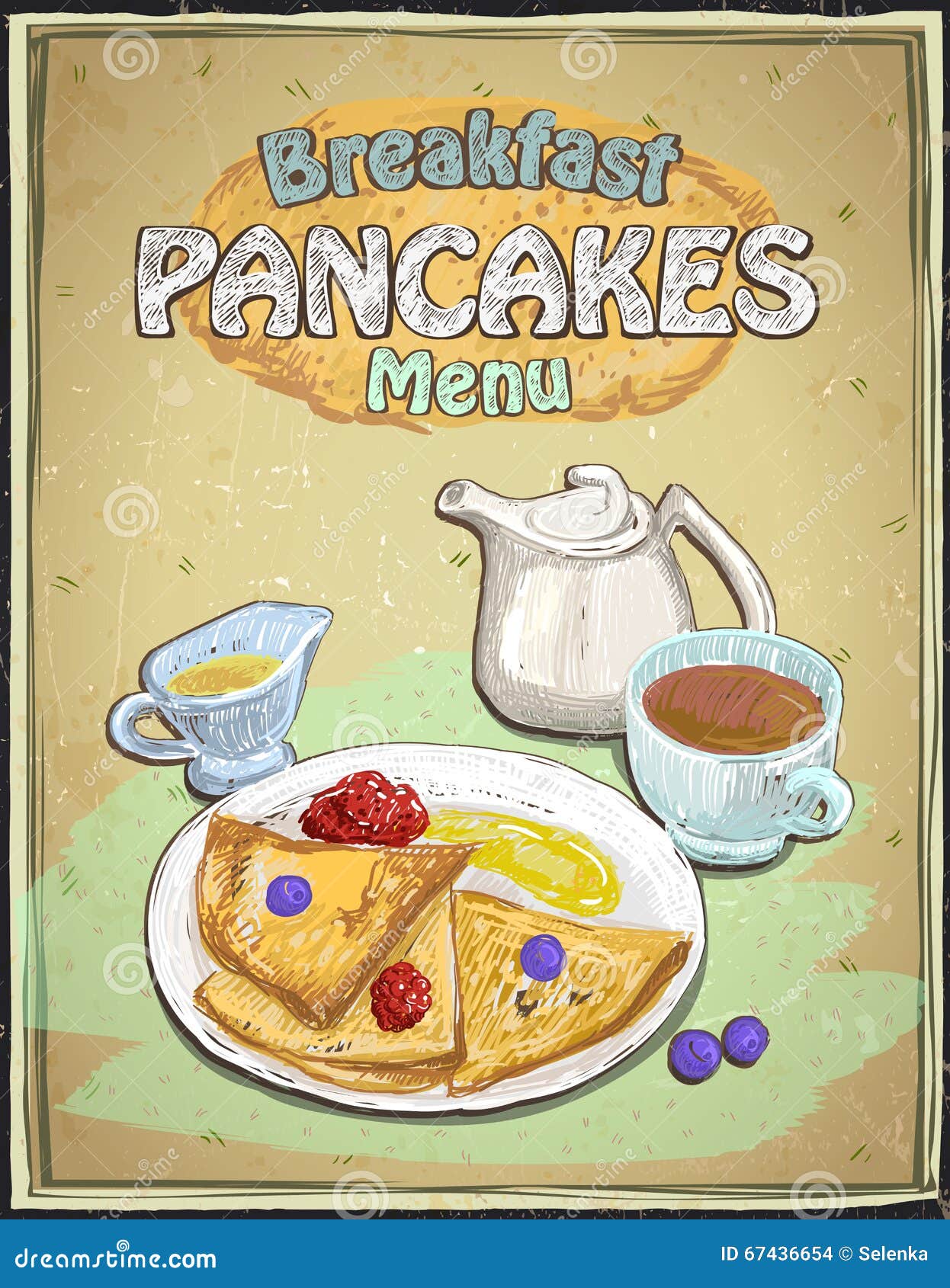 Hand Drawn Breakfast Menu with Pancakes, Berries, Cup of Tea and Honey ...