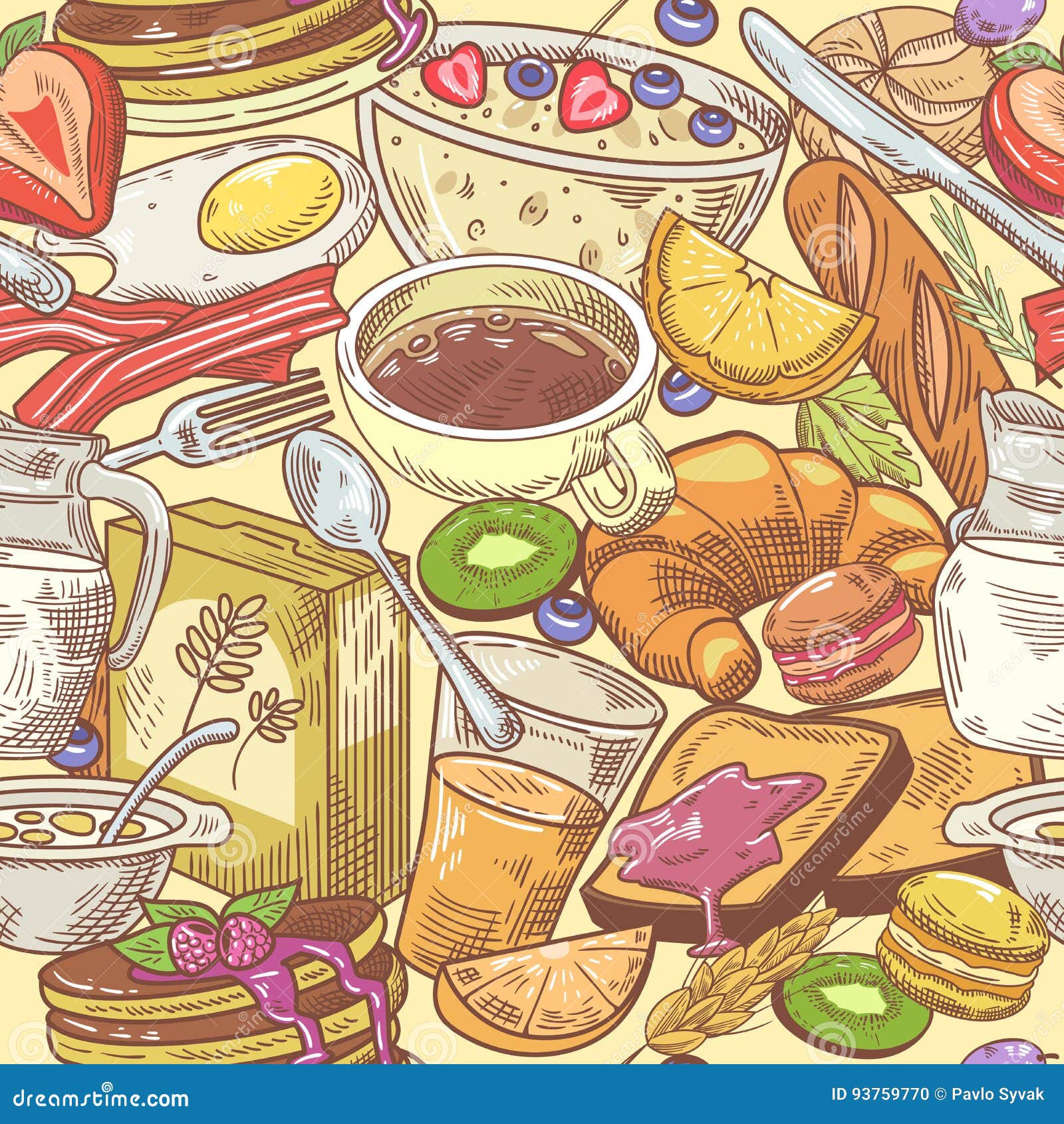 Hand Drawn Breakfast Seamless Pattern with Croissant, Coffee and Milk ... Hand Drawn Breakfast Seamless Pattern with Croissant, Coffee and Milk ...