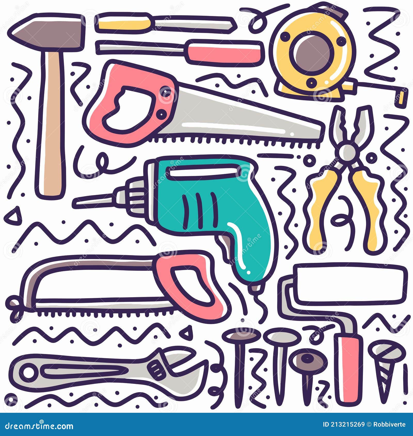 Hand Drawn Builder Equipment Doodle Set Stock Vector - Illustration of ...
