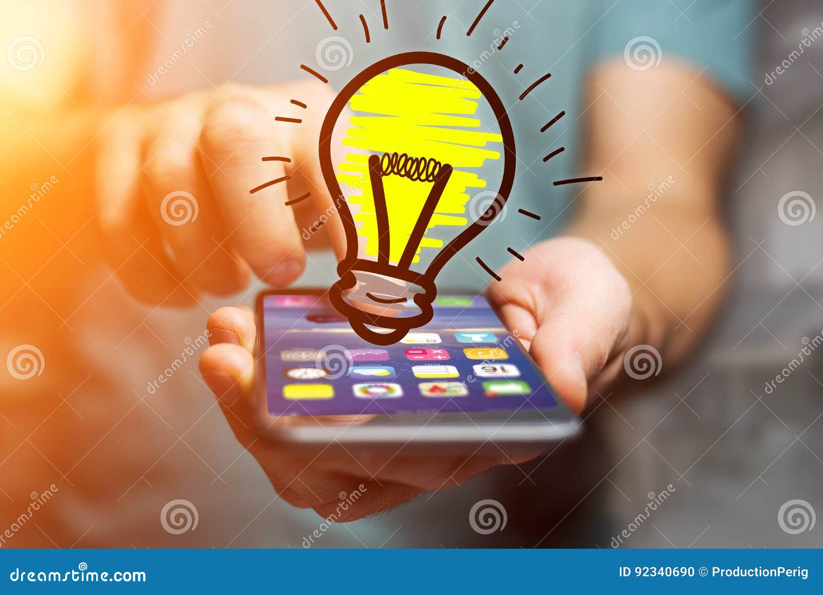 Hand Drawn Bulb Lamp Icon Going Out a Smartphone Interface of a Stock ...