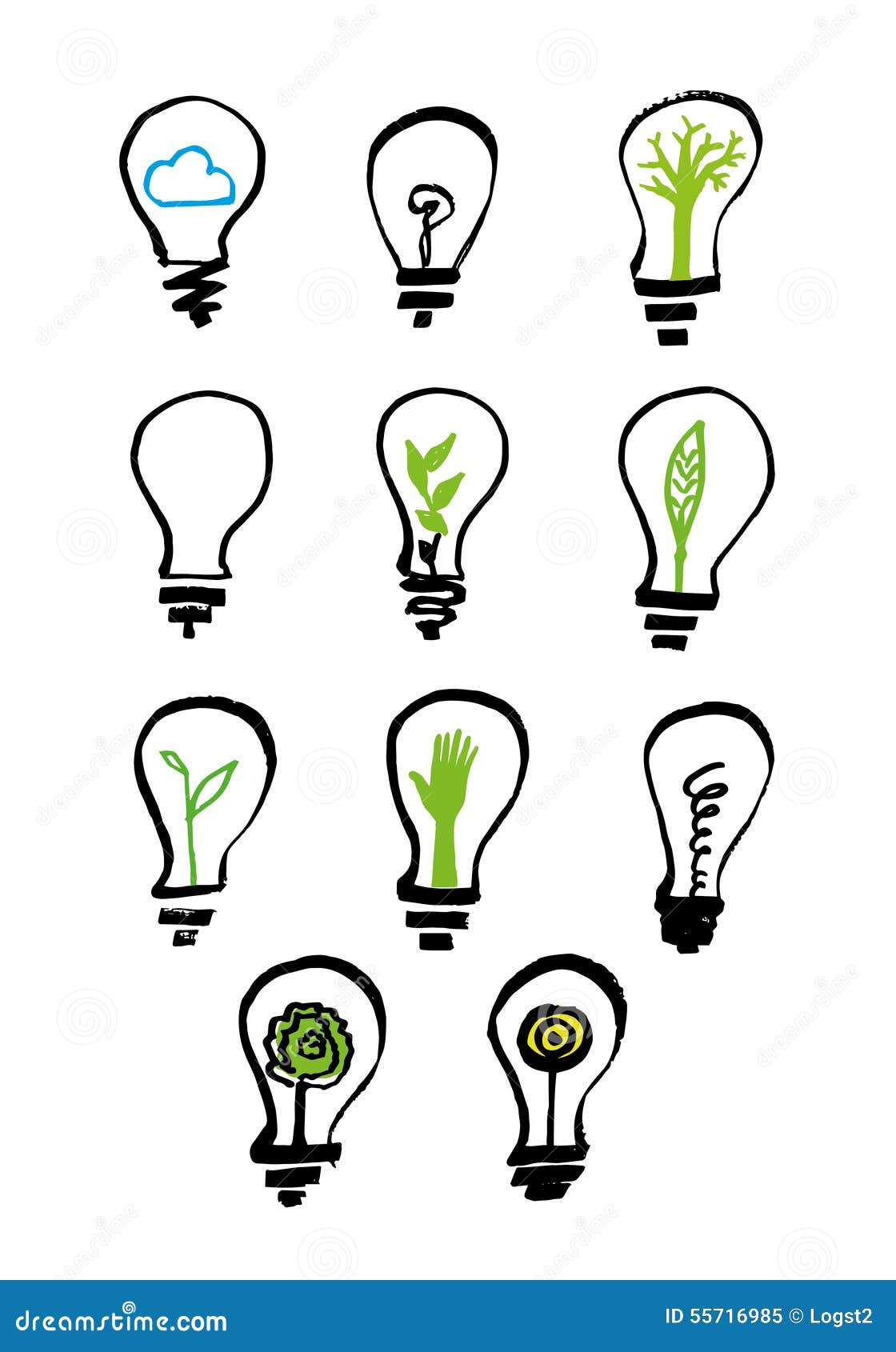 Hand Drawn Bulbs with Images Inside, Icons Set Stock Vector ...