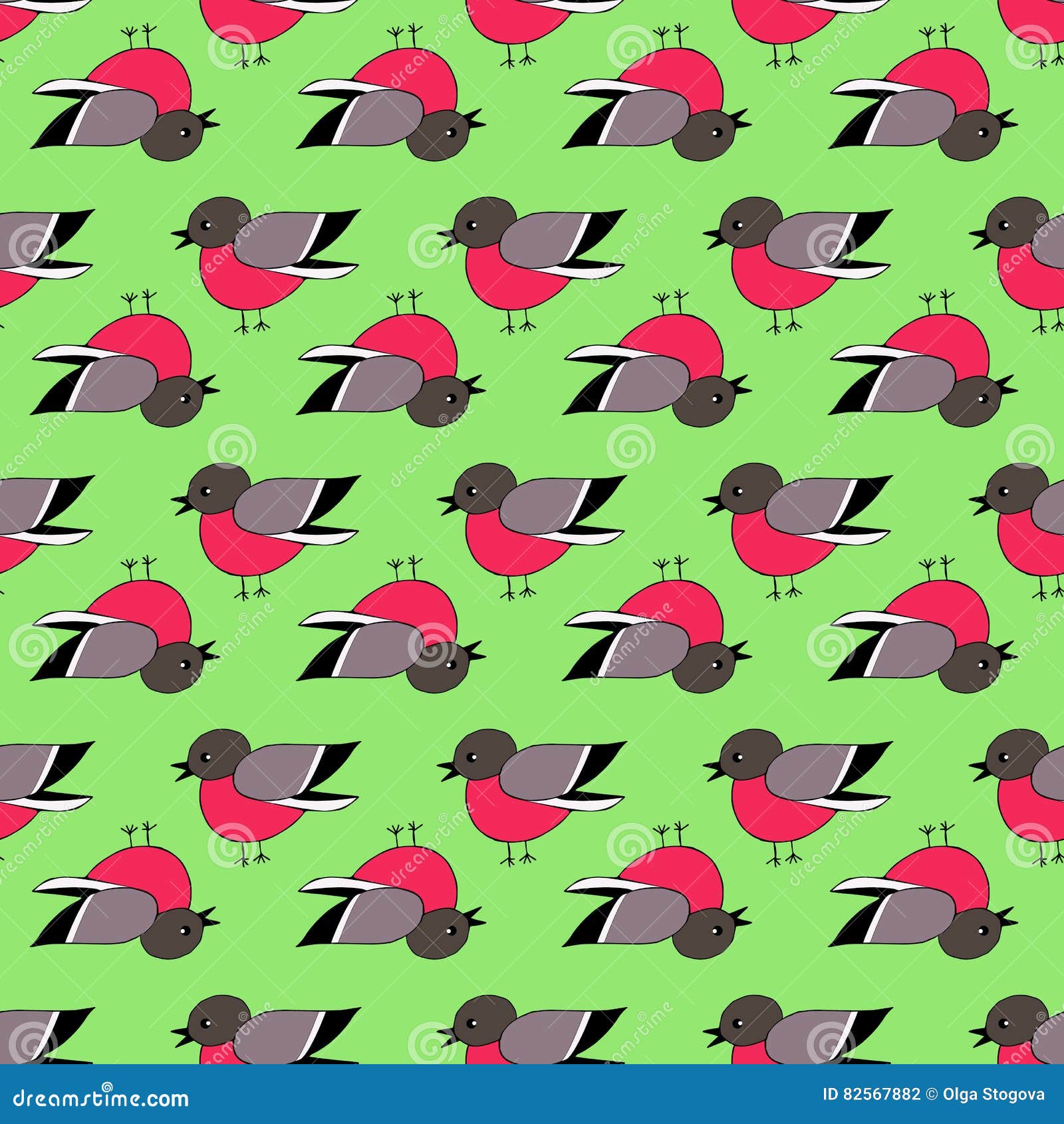 Hand Drawn Bullfinch Bright Green Seamless Pattern Stock Vector ...