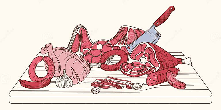 Hand Drawn Butcher Shop Composition Stock Illustration - Illustration ...