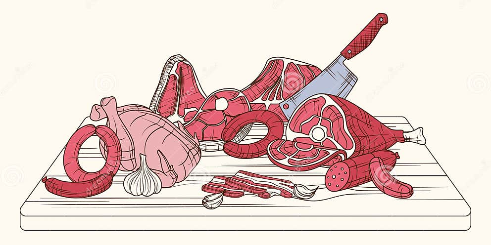 Hand Drawn Butcher Shop Composition Stock Illustration - Illustration ...