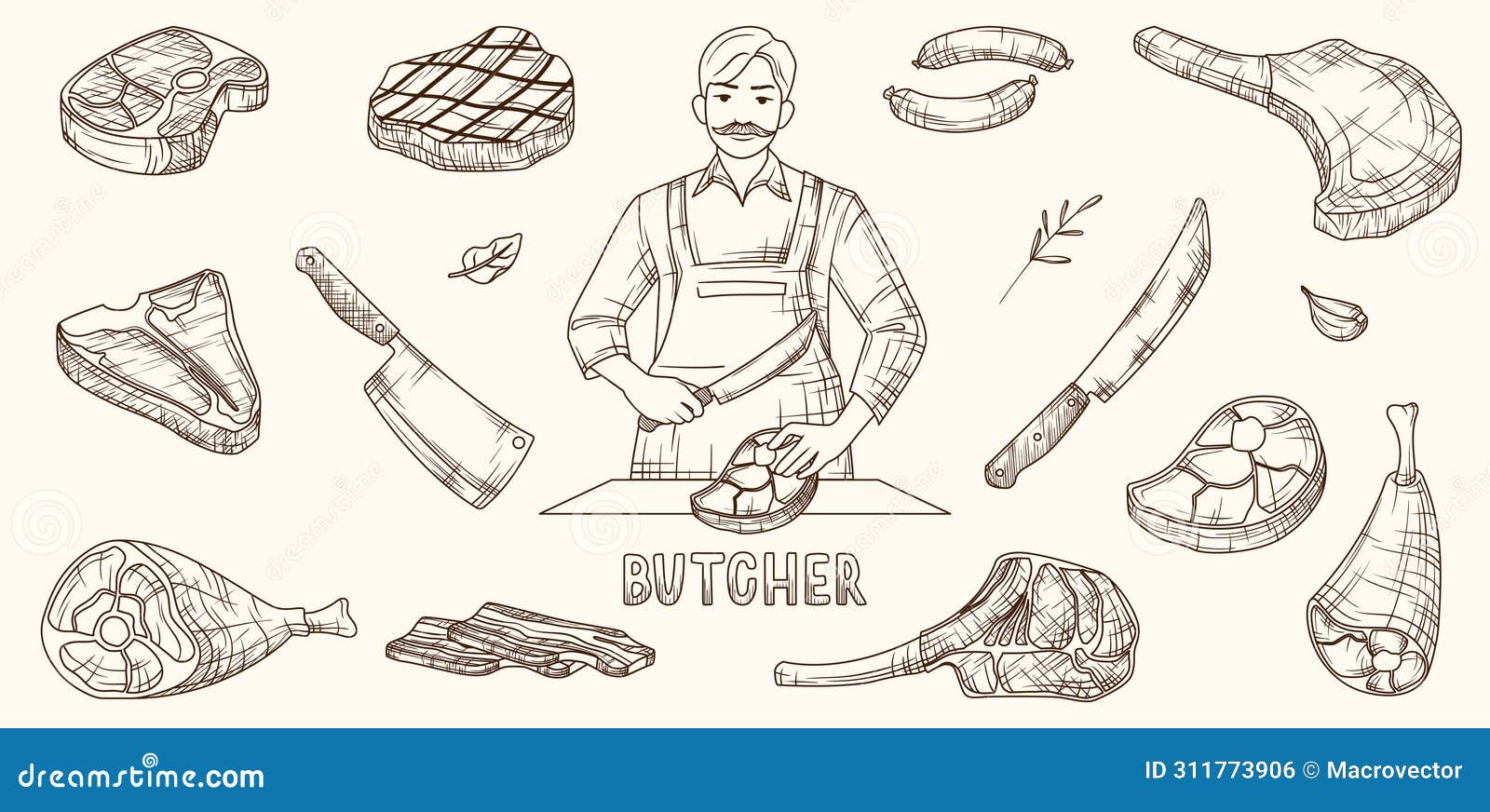 Hand Drawn Butcher Shop Set Stock Illustration - Illustration of market ...