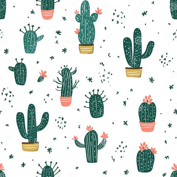 A Hand-drawn Cactus and Succulent Pattern with Tiny Flowers Blooming. Stock Image - Image of ...