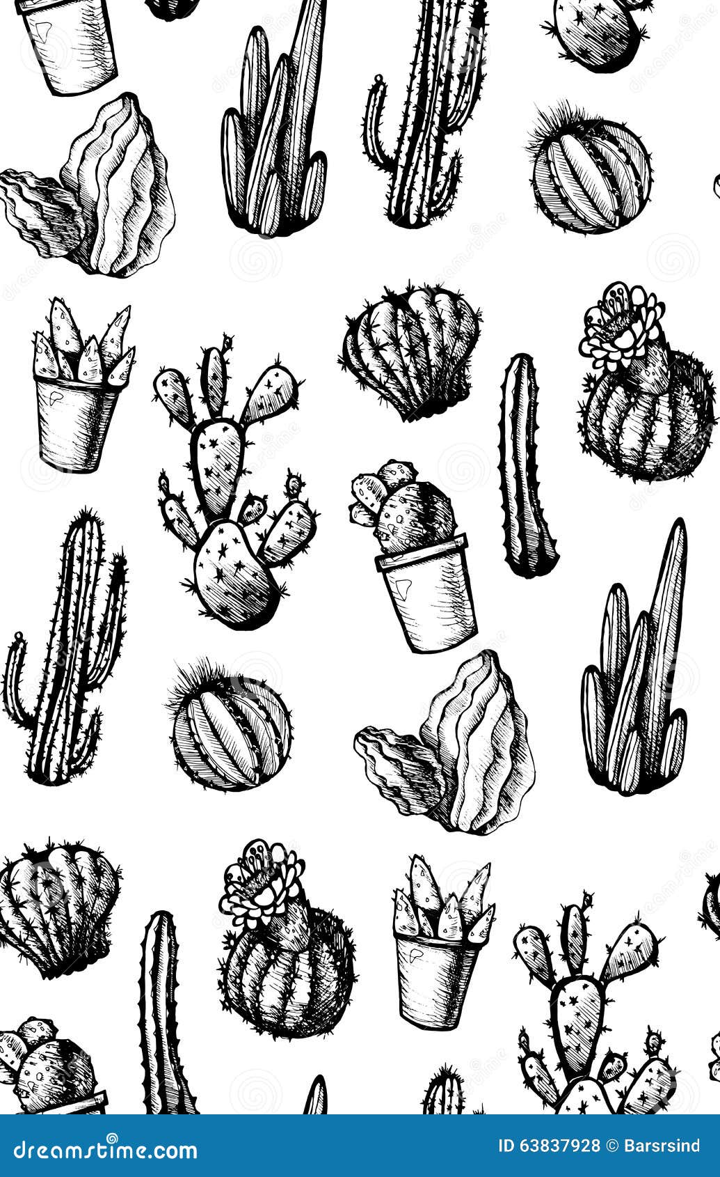 Hand Drawn Cactuses Seamless Pattern Stock Illustration - Illustration ...