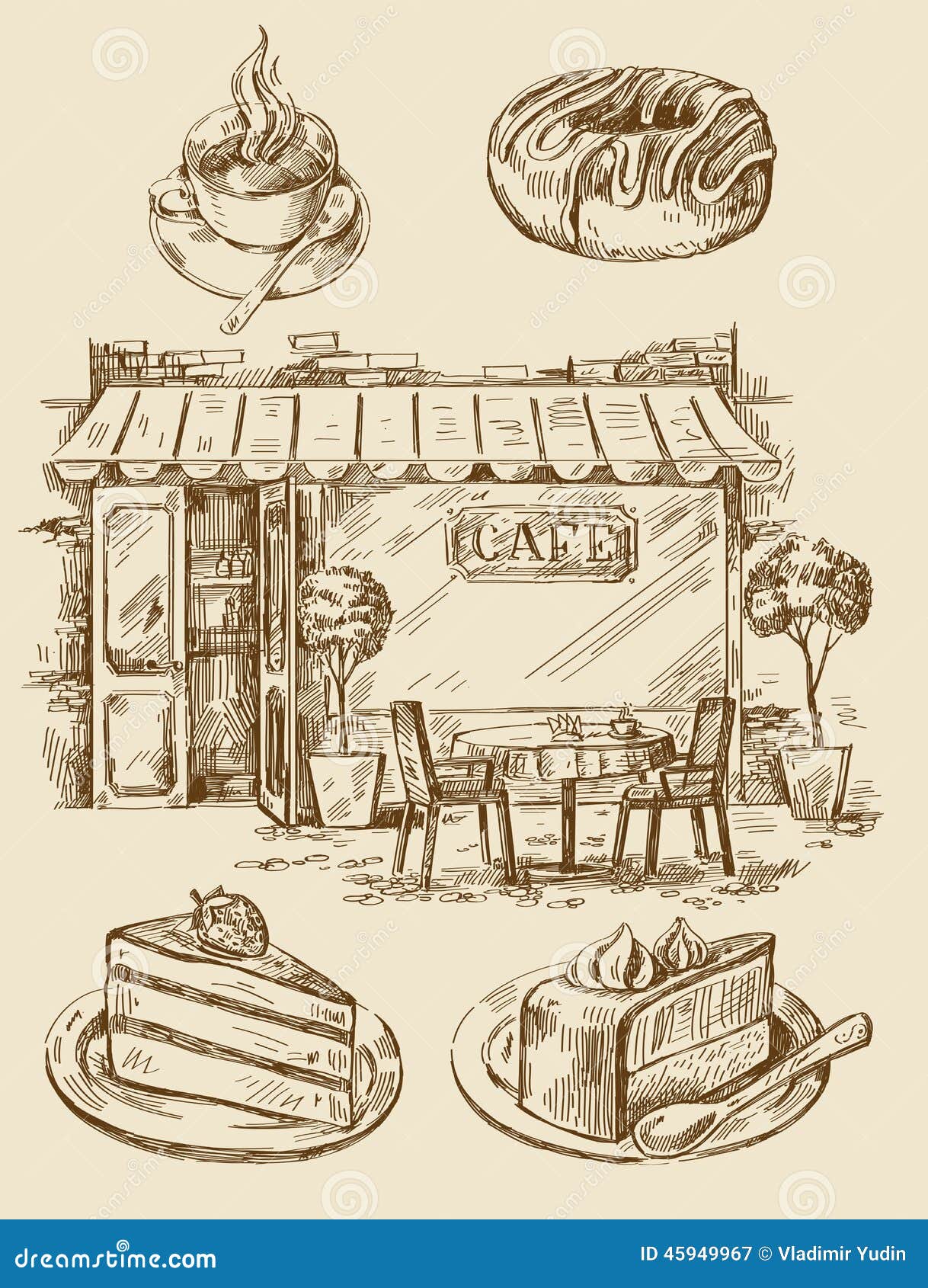 Hand drawn cafe stock vector. Illustration of cake, building - 45949967