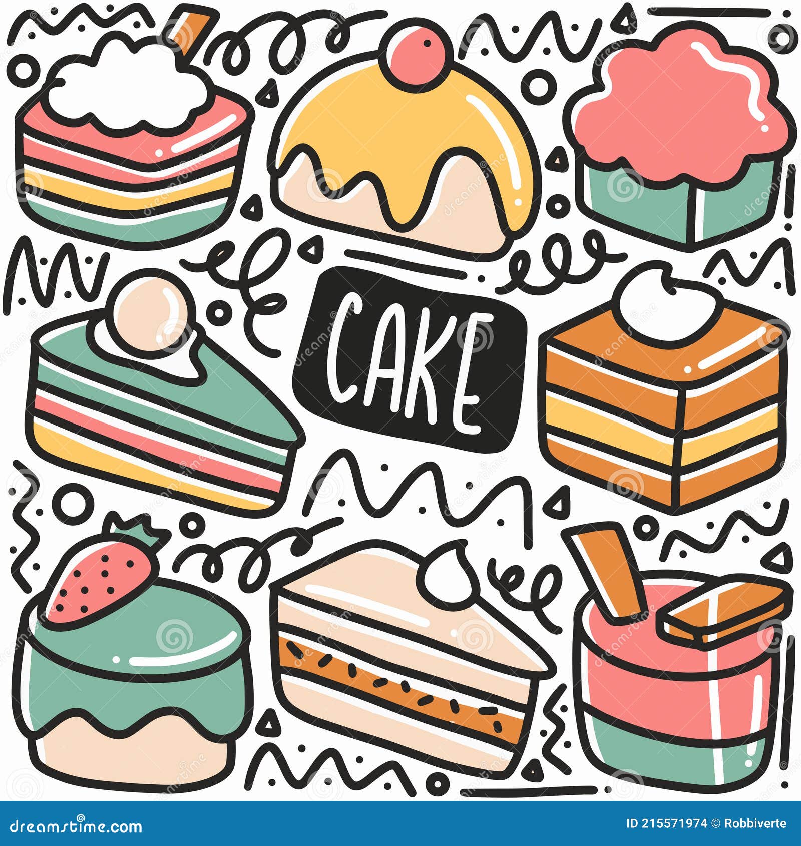 Hand drawn cake doodle set stock vector. Illustration of line - 215571974
