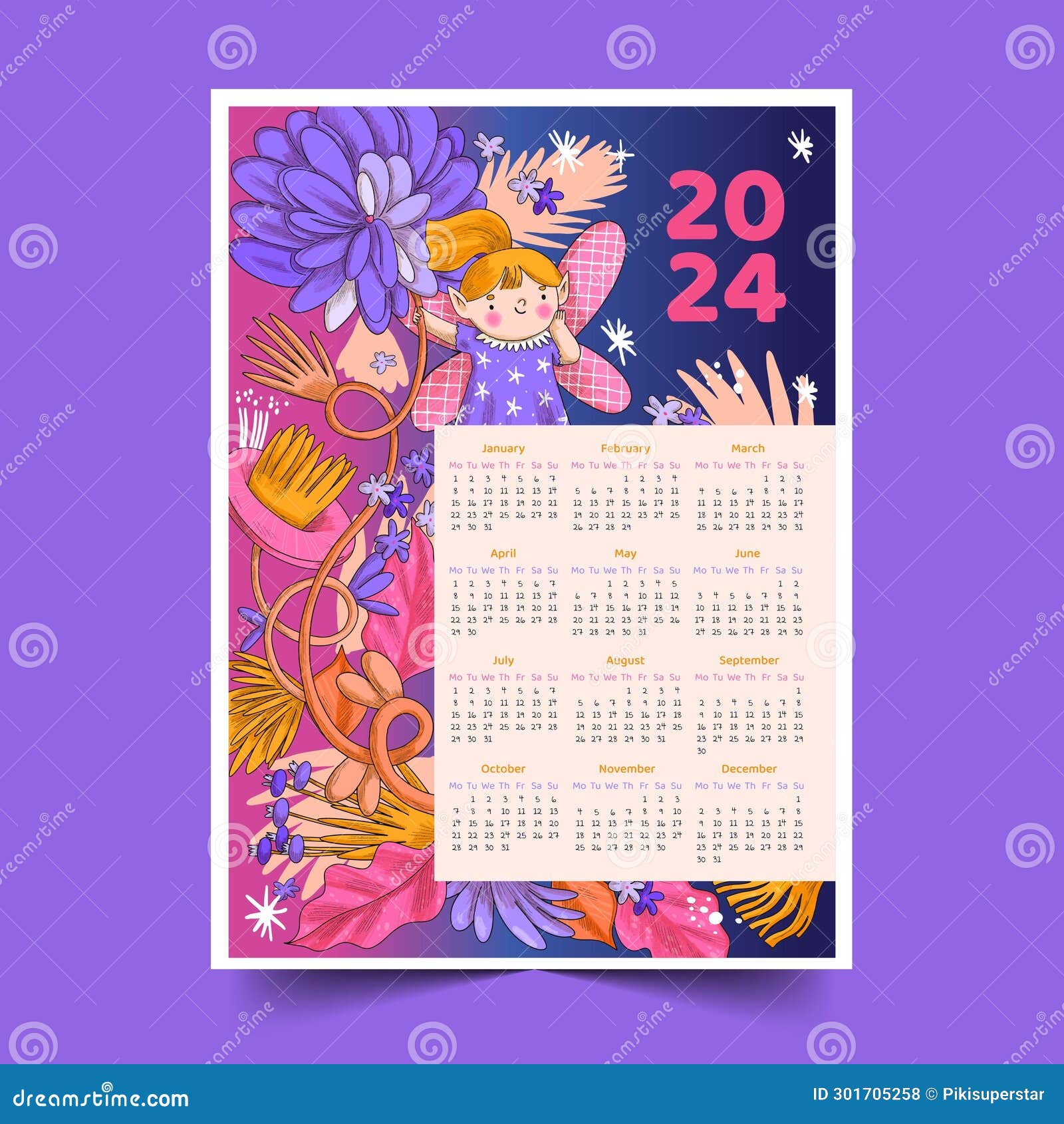 Hand Drawn 2024 Calendar Template Vector Illustration Stock Vector ...