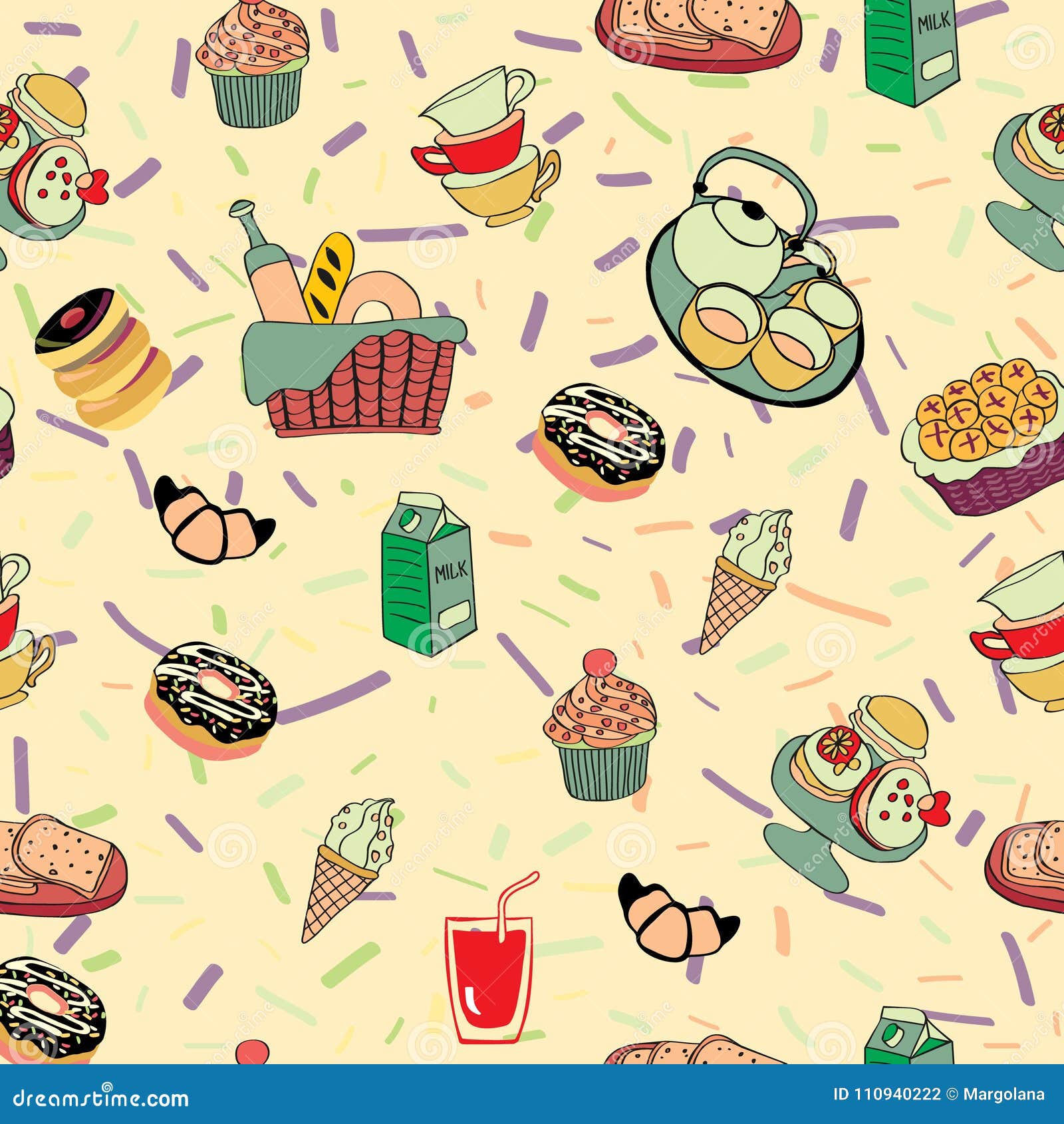 Hand-drawn Cartoon Background with Food and Drinks Elements, Br Stock ... Hand-drawn Cartoon Background with Food and Drinks Elements, Br Stock ...