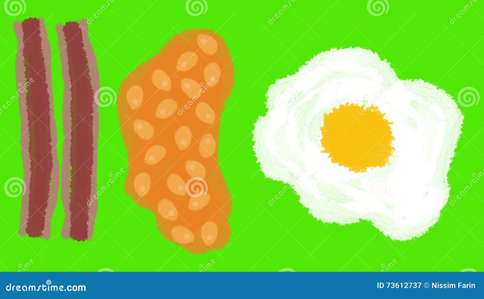 Hand Drawn Cartoon Breakfast of Fried Egg Bacon and Beans on a Green ...
