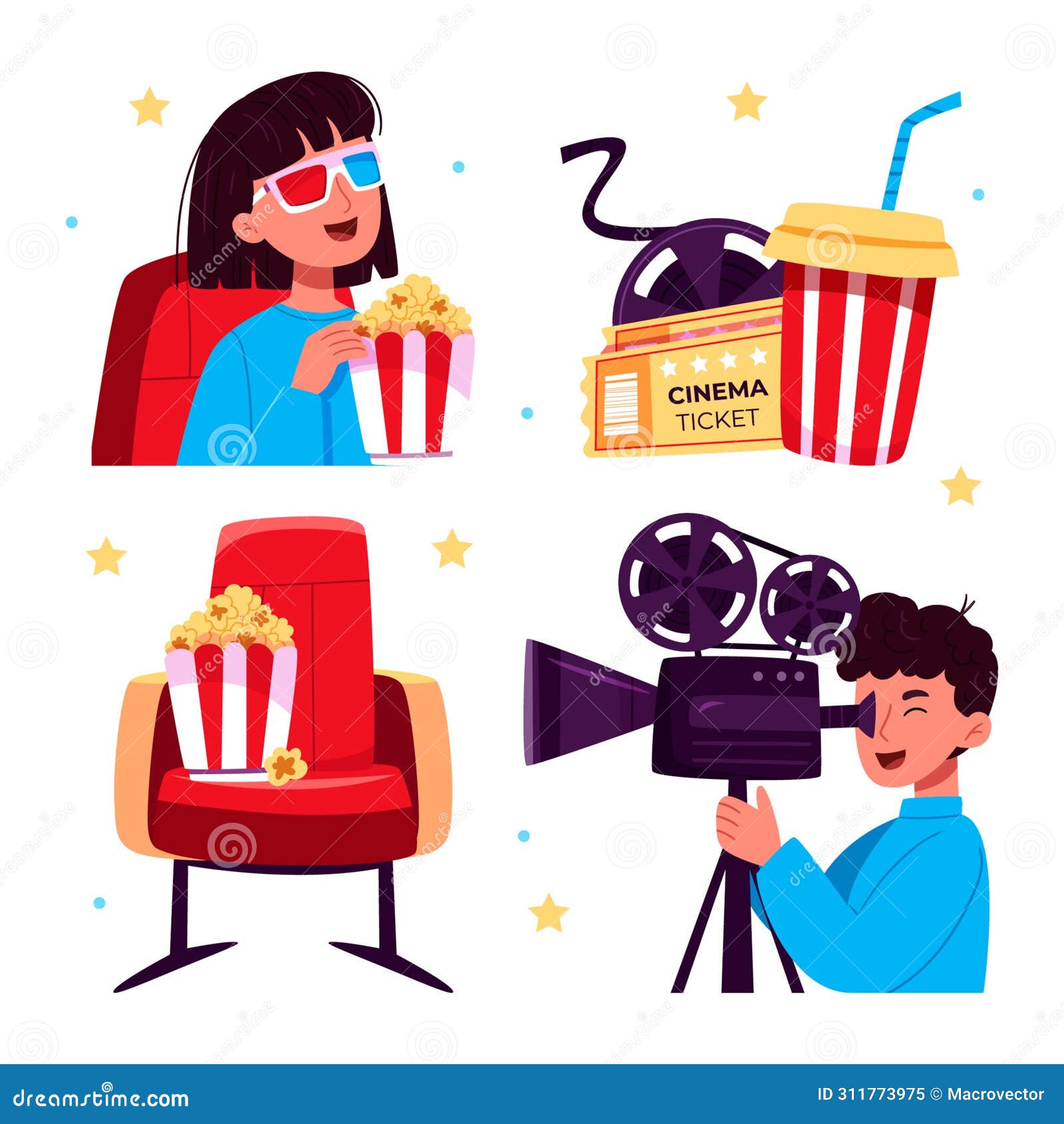 Hand Drawn Cartoon Cinema Mini Composition Set Stock Illustration ...