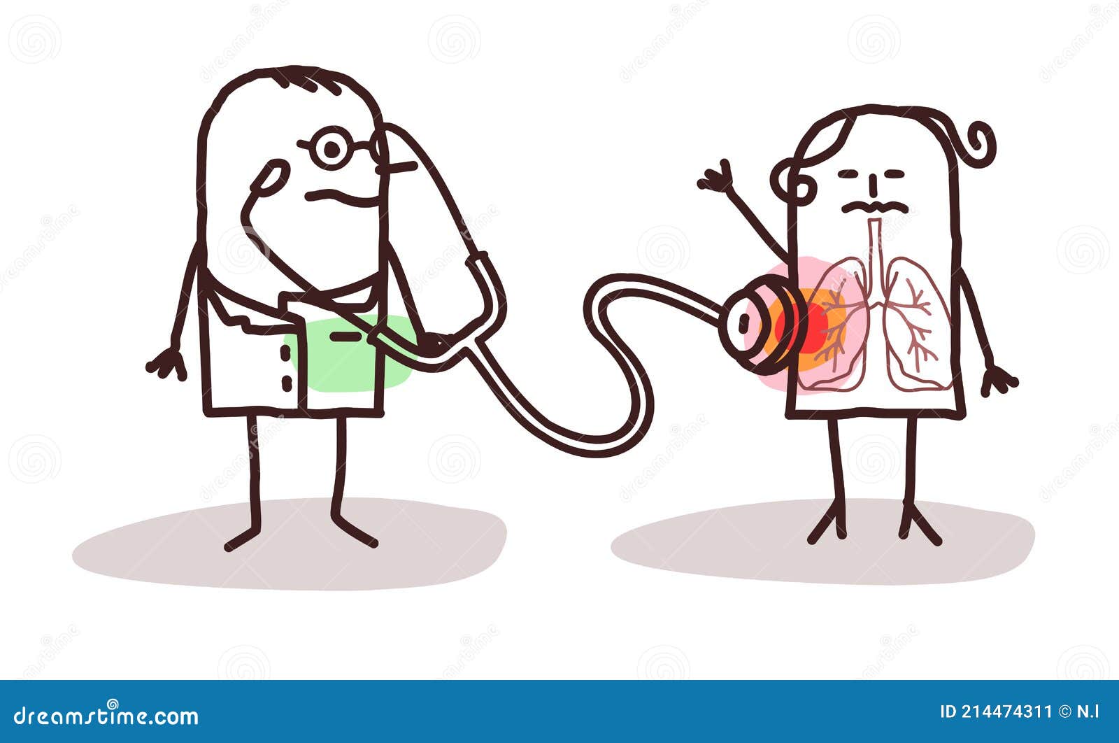 Cartoon Doctor Using Stethoscope and Woman with Pulmonary Problems ...
