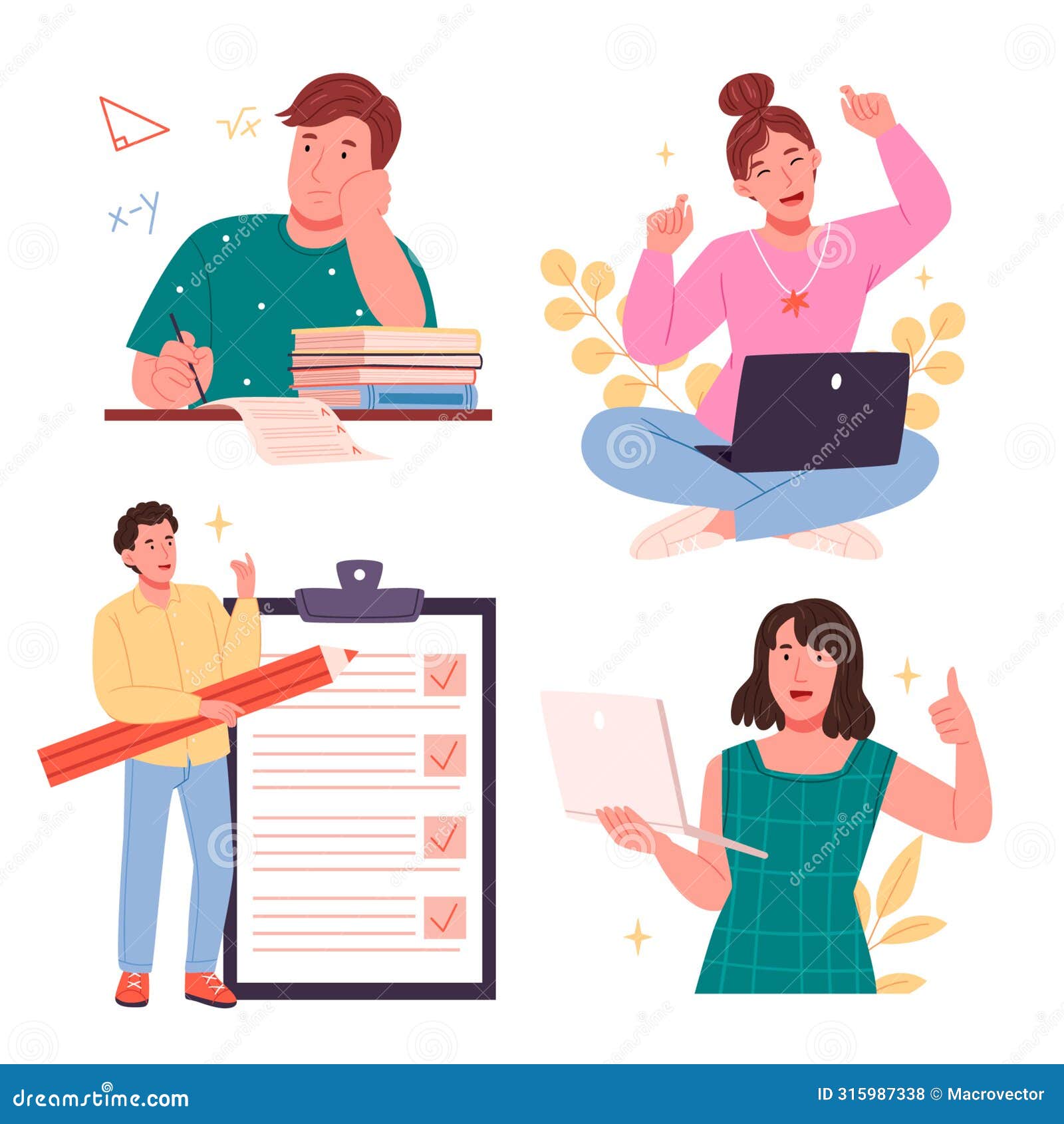 Hand Drawn Cartoon Exam Mini Composition Set Stock Illustration ...