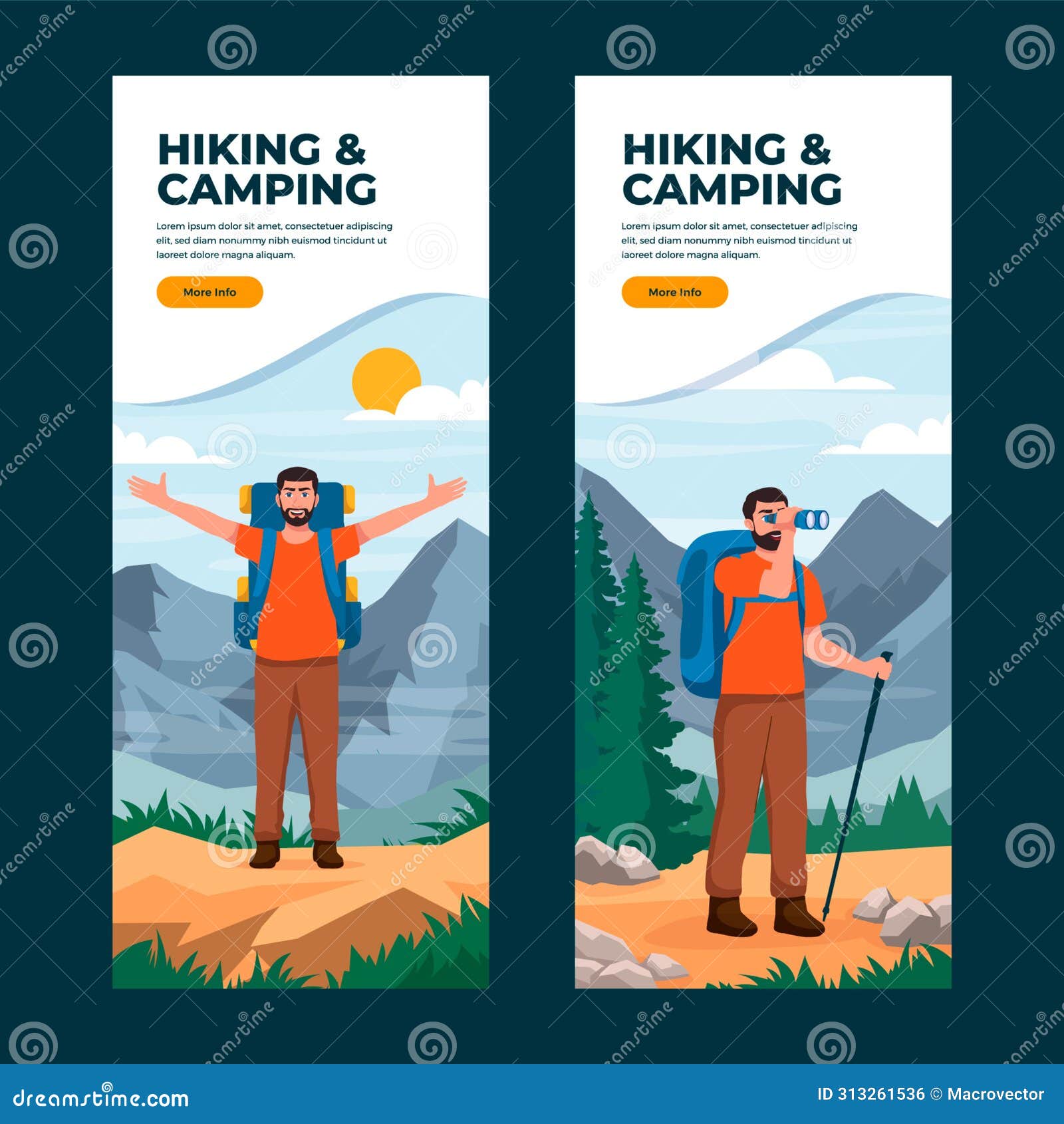 Hand Drawn Cartoon Hiking Banner Set Stock Illustration - Illustration ...