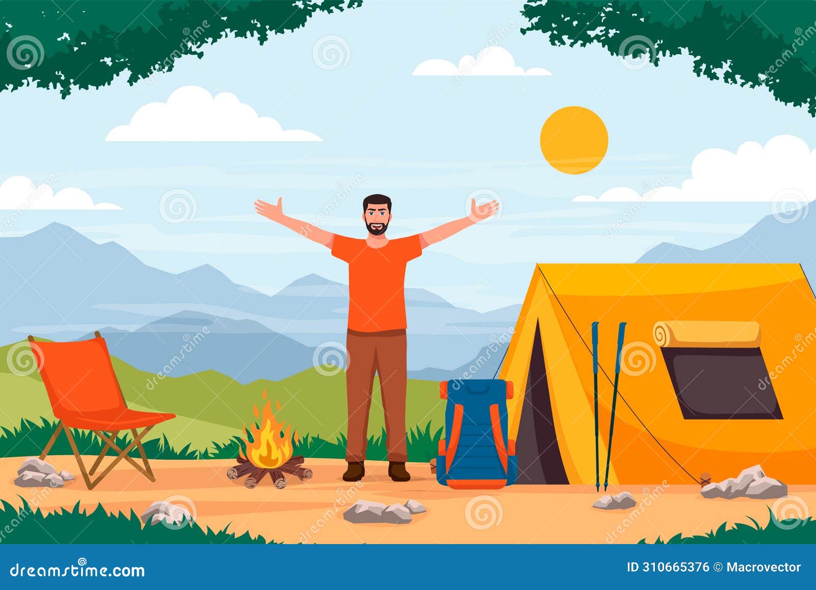 Hand Drawn Cartoon Hiking Composition Stock Illustration - Illustration ...