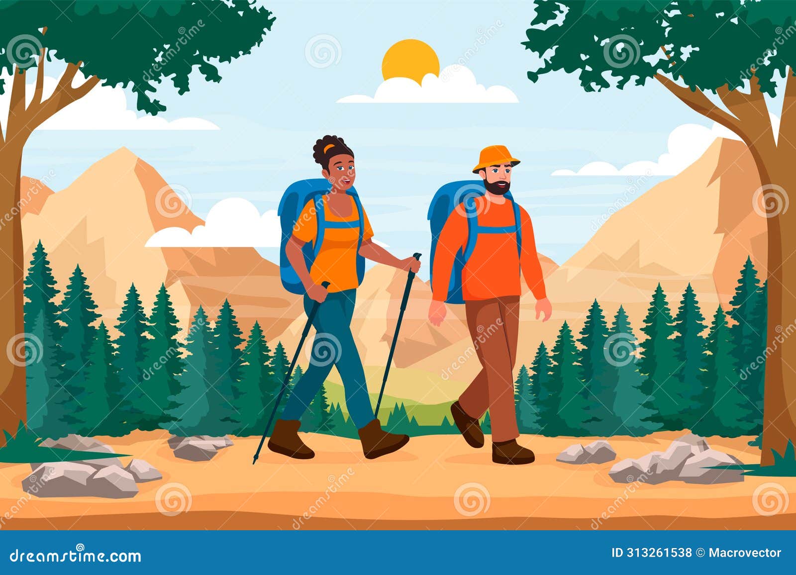 Hand Drawn Cartoon Hiking Composition Stock Illustration - Illustration ...