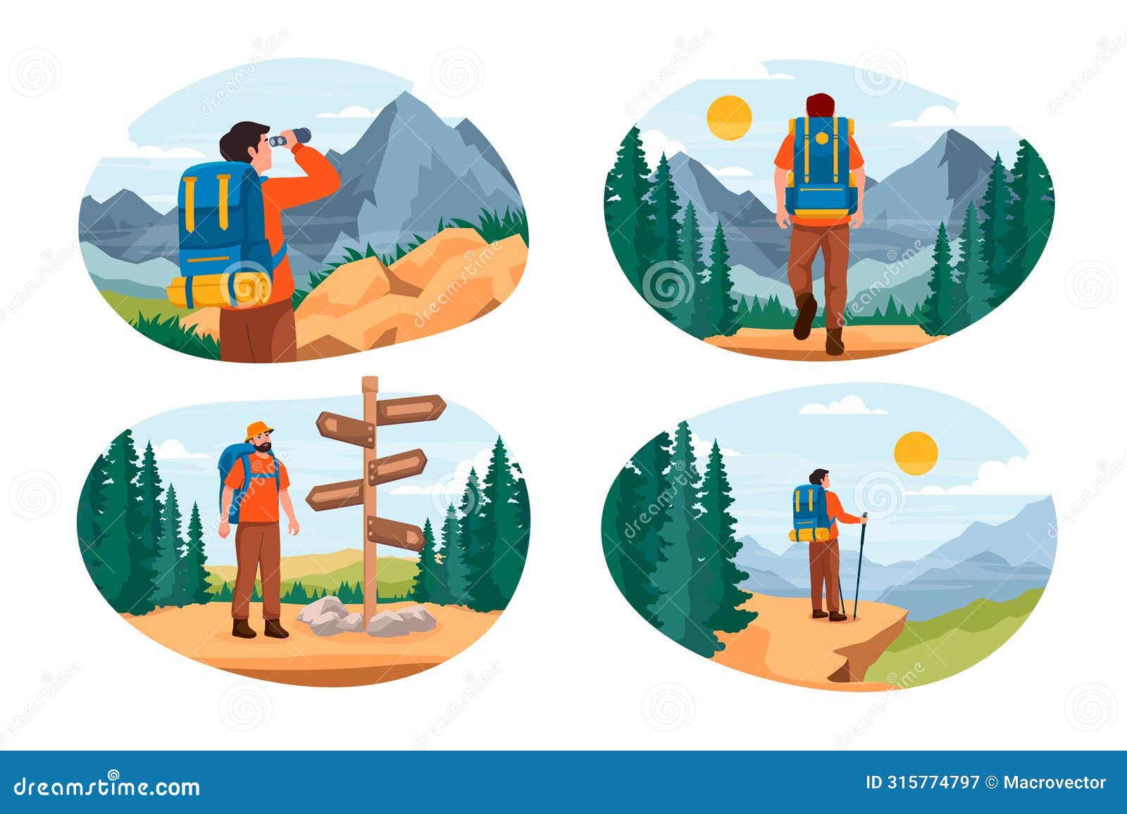 Hand Drawn Cartoon Hiking Mini Composition Set Stock Illustration ...