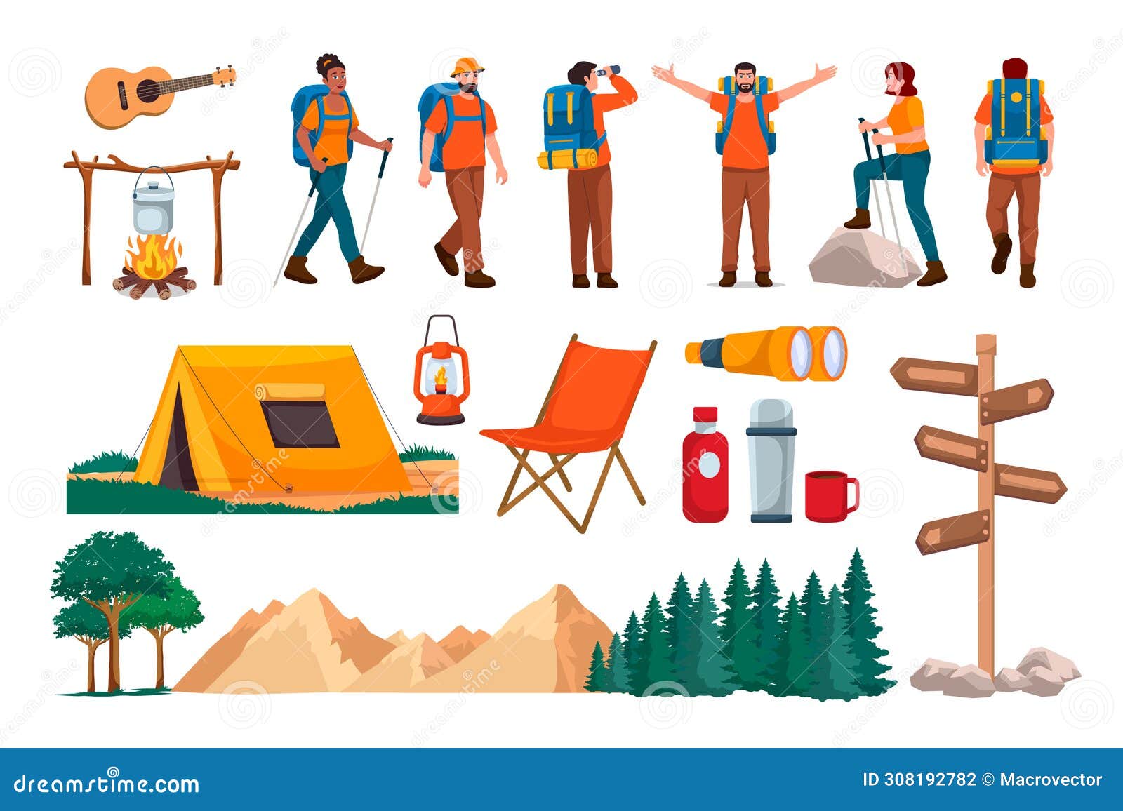 Hand Drawn Cartoon Hiking Set Stock Illustration - Illustration of ...