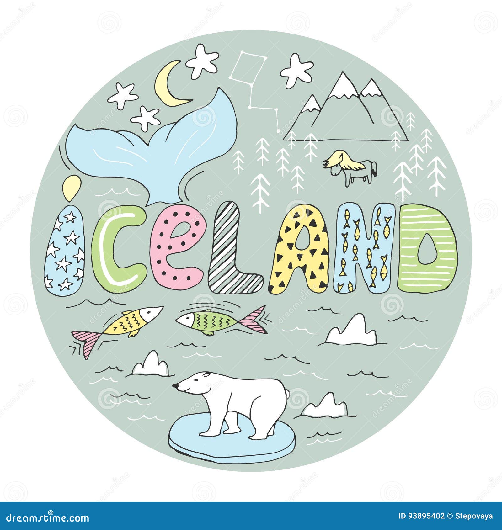 Hand Drawn Cartoon Iceland Map Illustration in a Circle Background ...